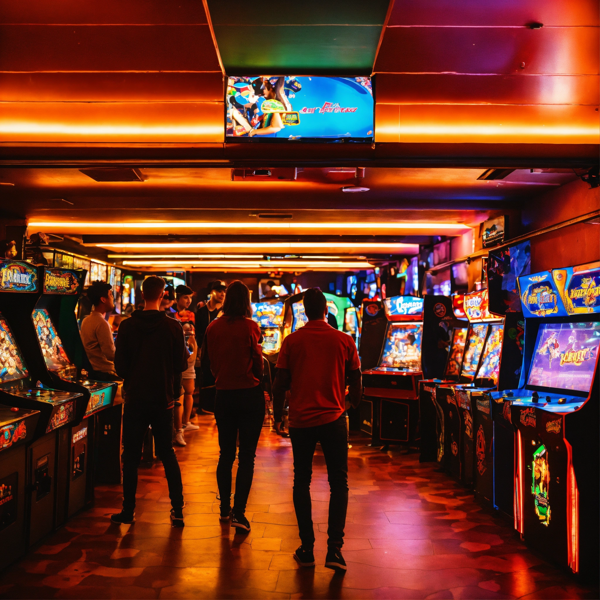 Lexica - A photo of a group of people playing arcade games. The arcade ...