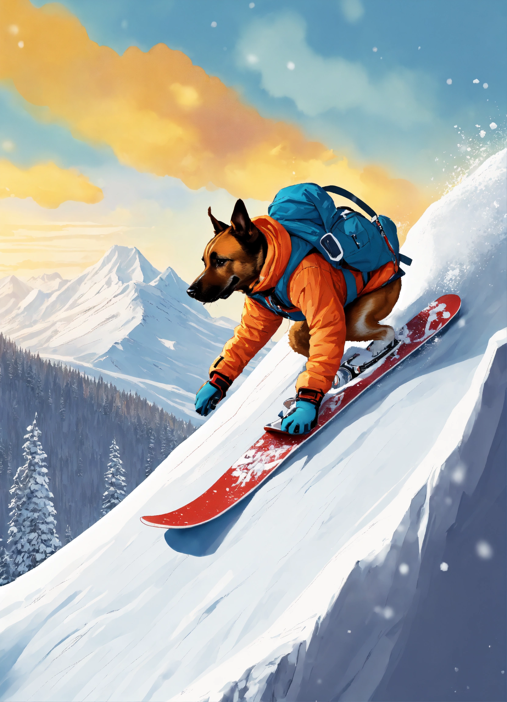Lexica - Design an image of a dog as an extreme snowboarder, carving ...