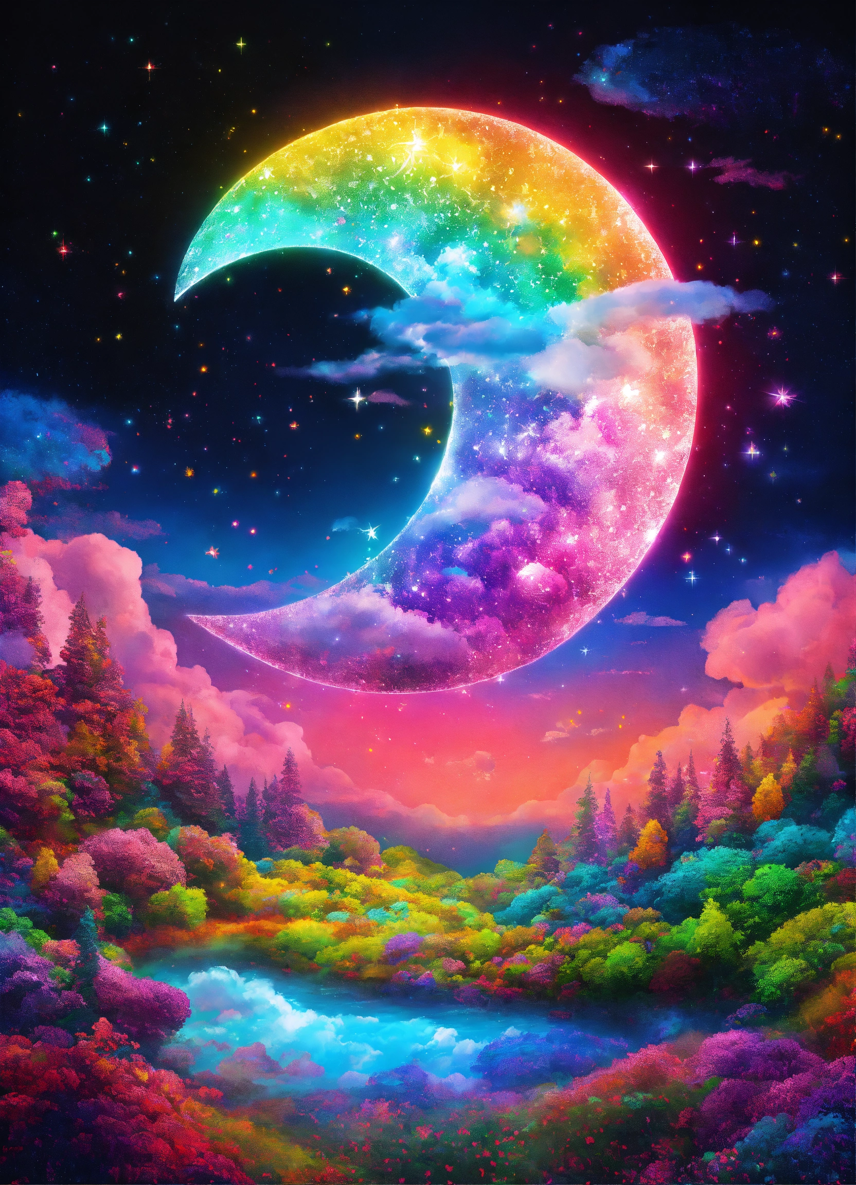 Lexica - Moon flying made of diamonds and glitter black rainbow neon ...