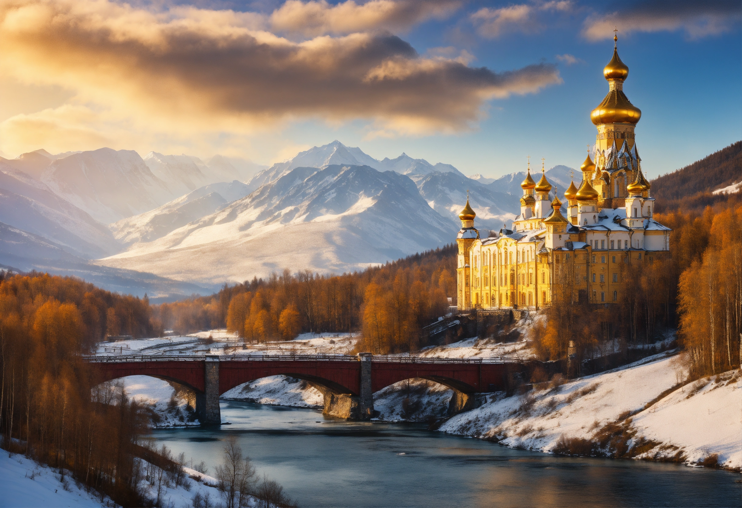 Lexica - Russian landscapes, golden roof castle in foreground and ...