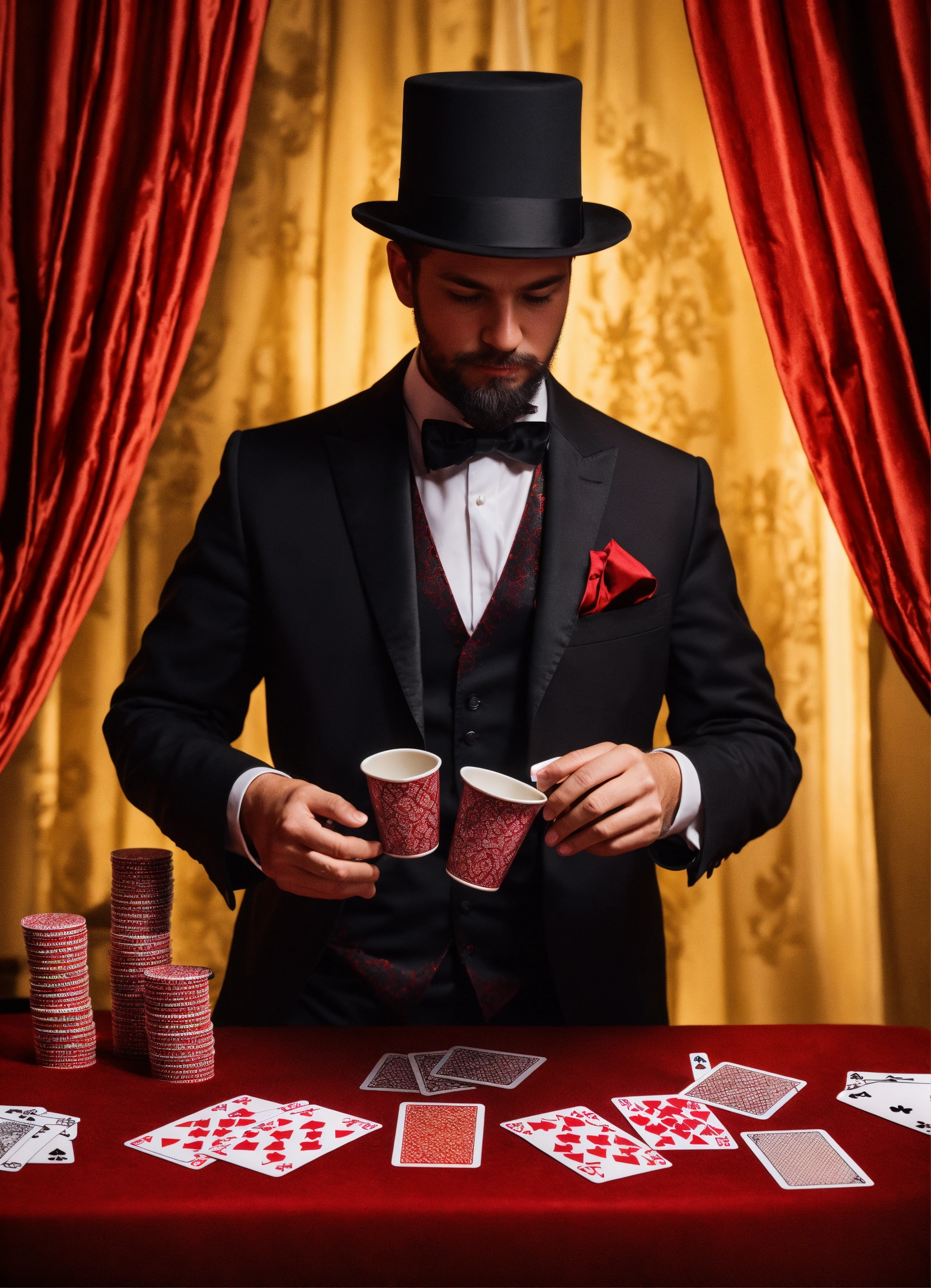 Lexica - A magician plays Three-card Monte, with cups, magics, illusion