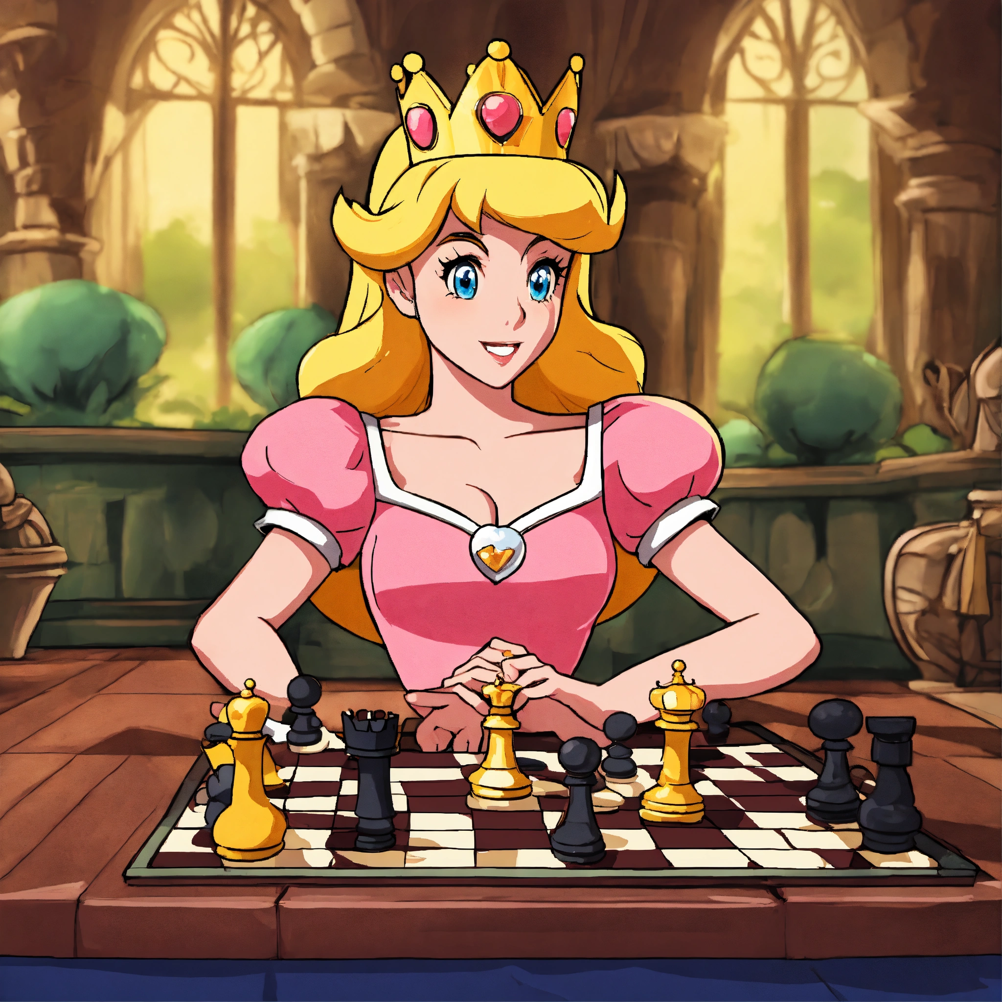 Lexica - Princess Peach playing chess, cartoon style.
