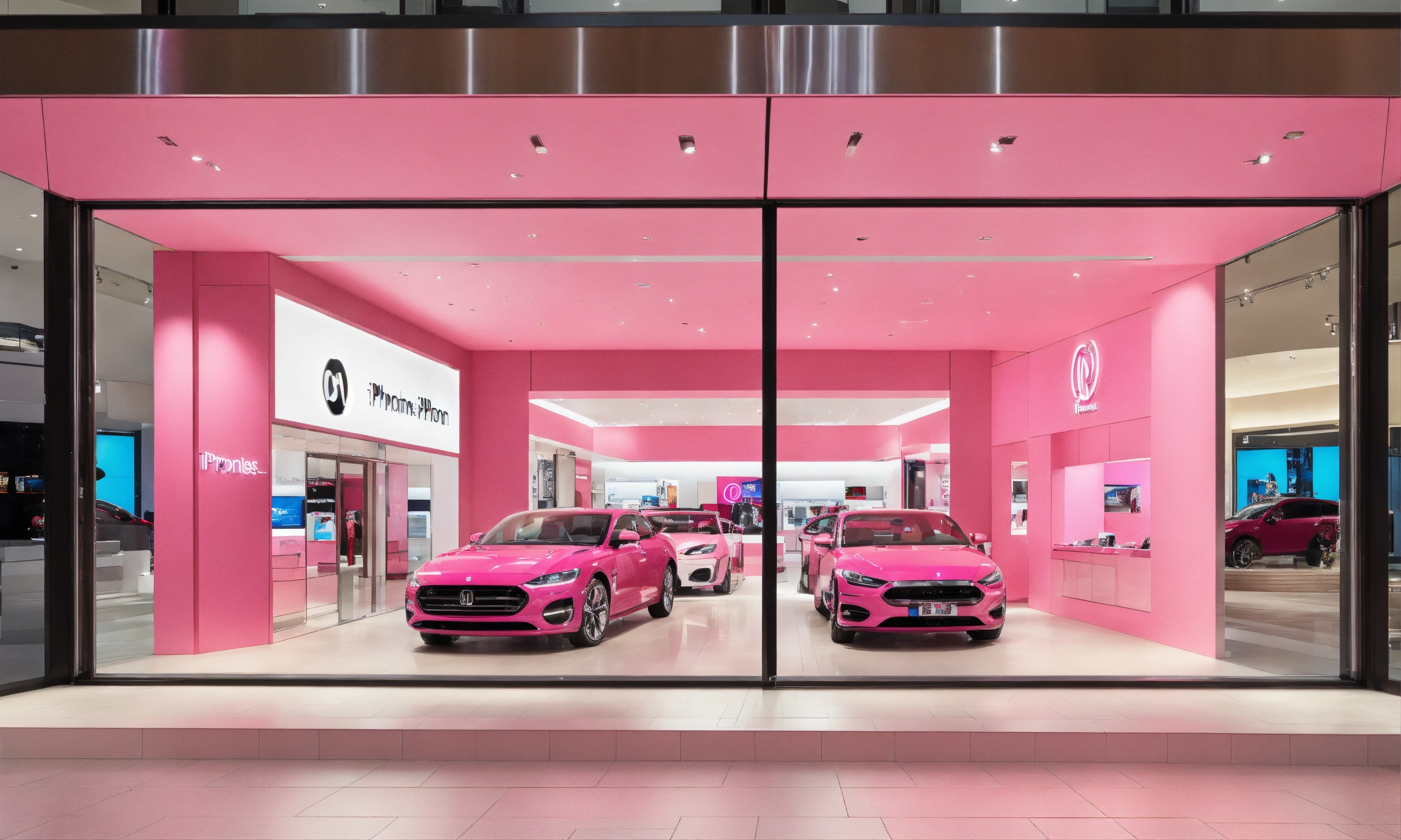 Lexica - Indoor, mall, car rental store, pink car, with large glass ...