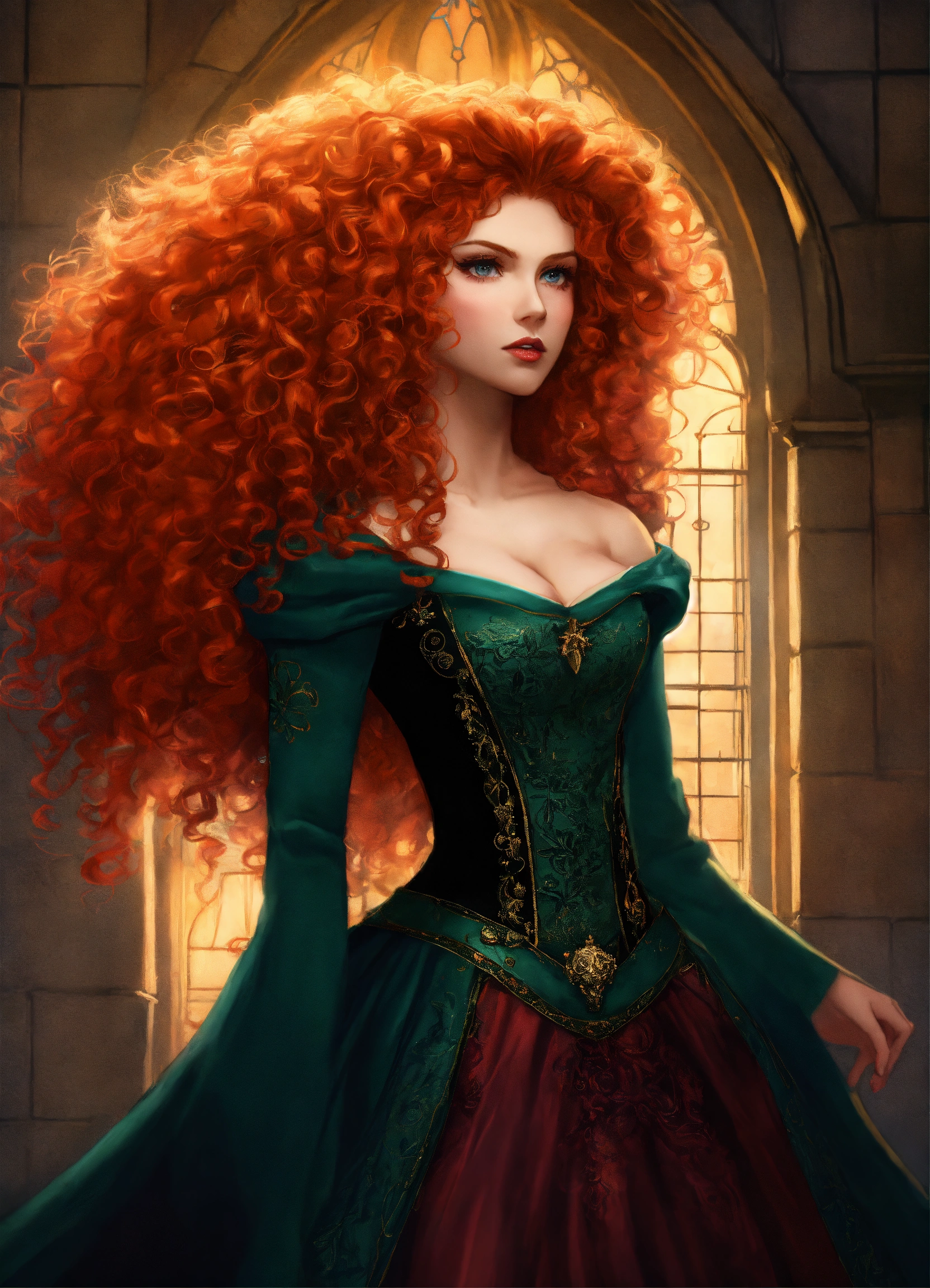Lexica - "gothic adult Merida", huge curly hair, dramatic, castle ...