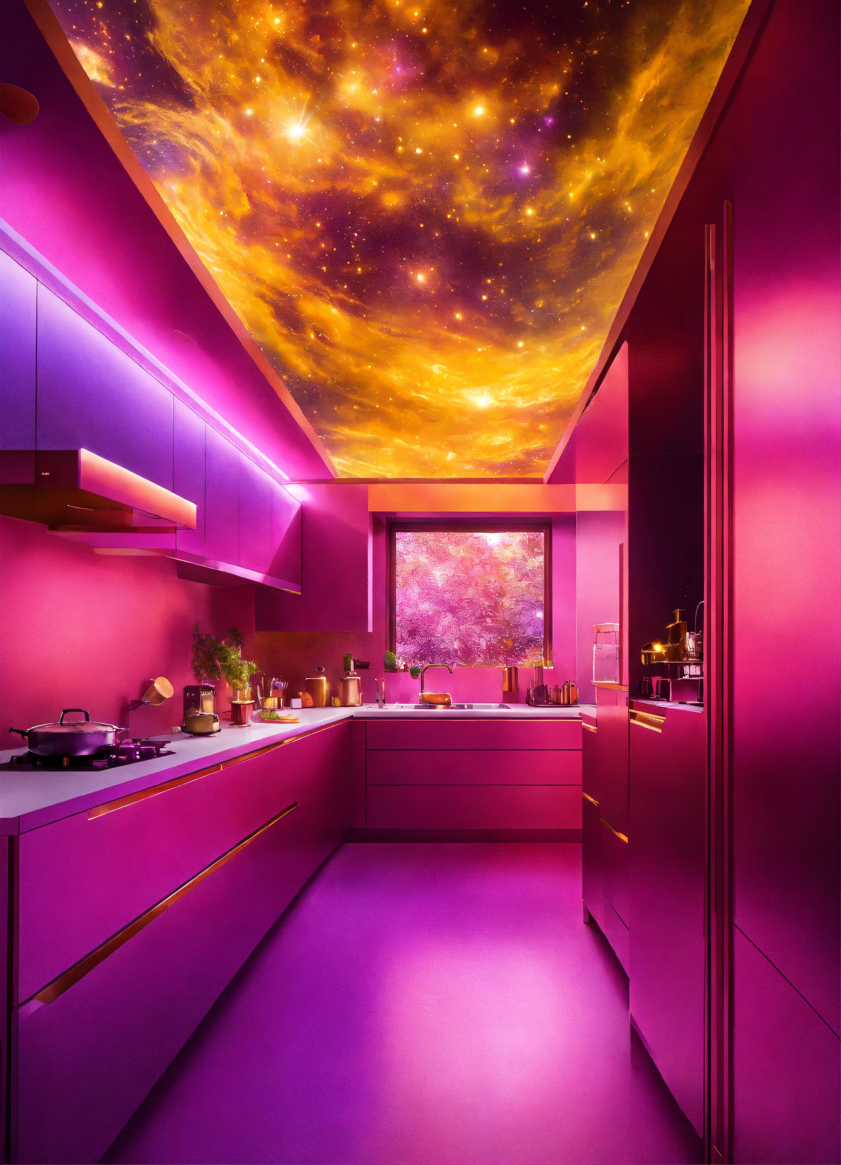 Lexica - A cosmic kitchen with yellow gold purple magenta colors a lot ...
