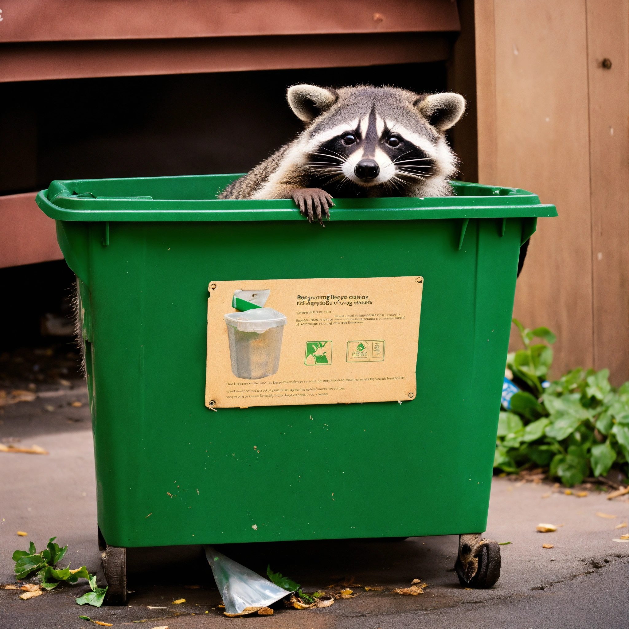 Lexica - A photograph of a raccoon digging through a recycling bin ...