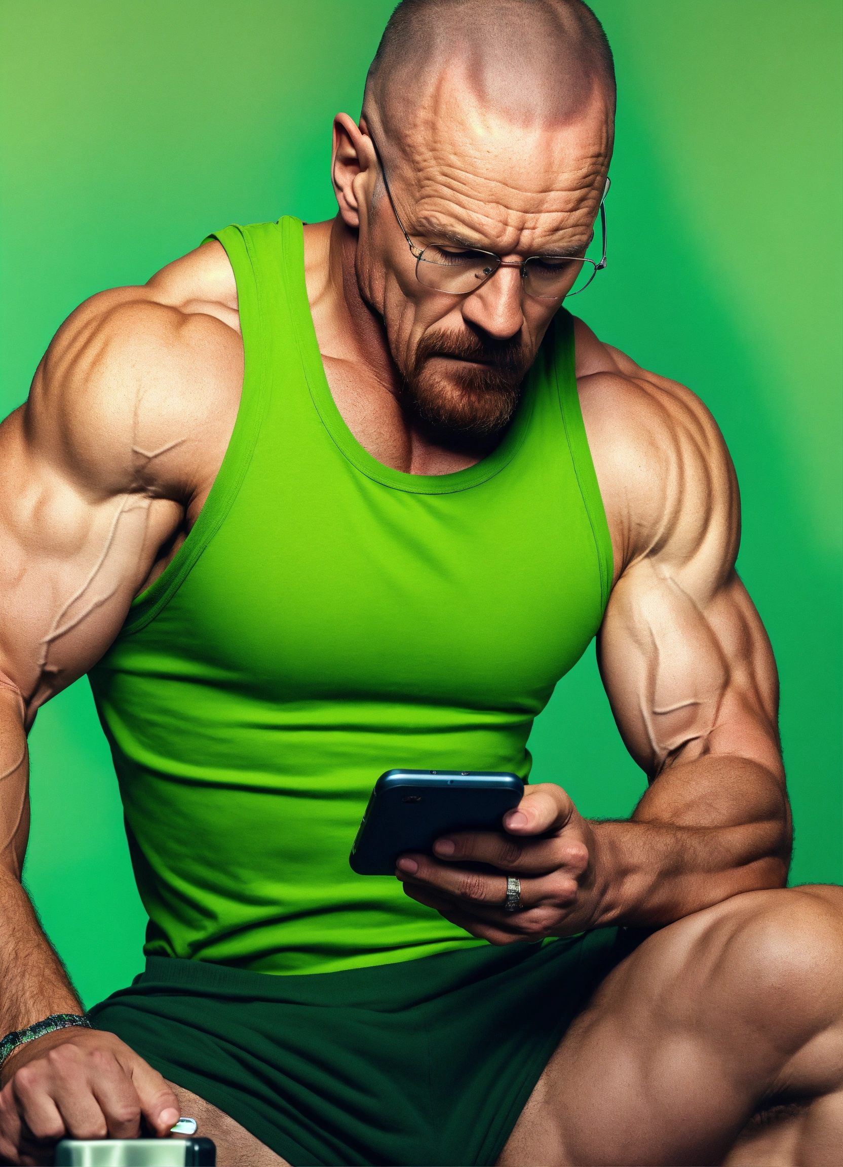 Lexica - Bodybuilder Walter White wearing a green tank top with a phone ...