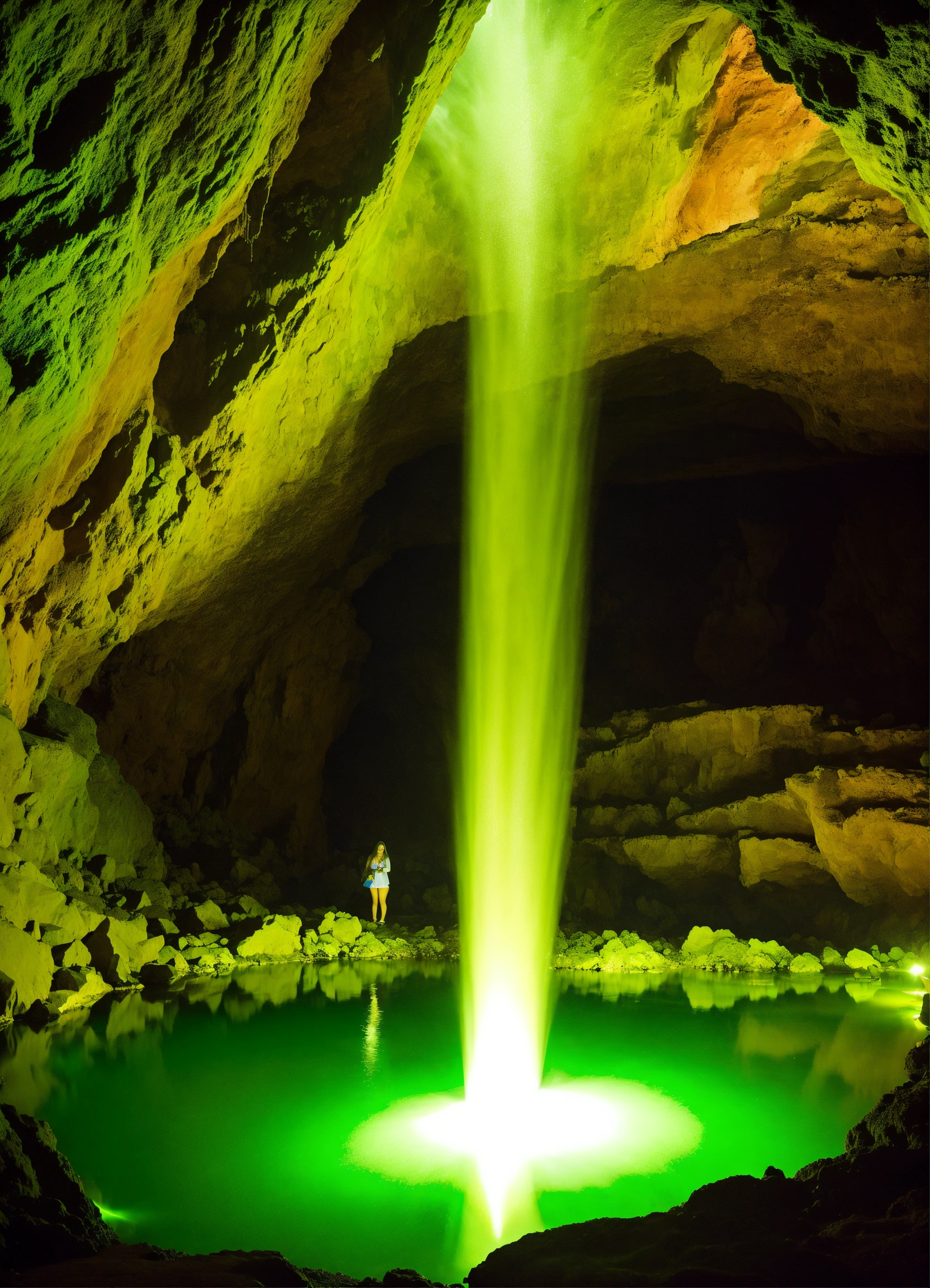 Lexica - Wide angle environmental shot of green explosion in a cave ...
