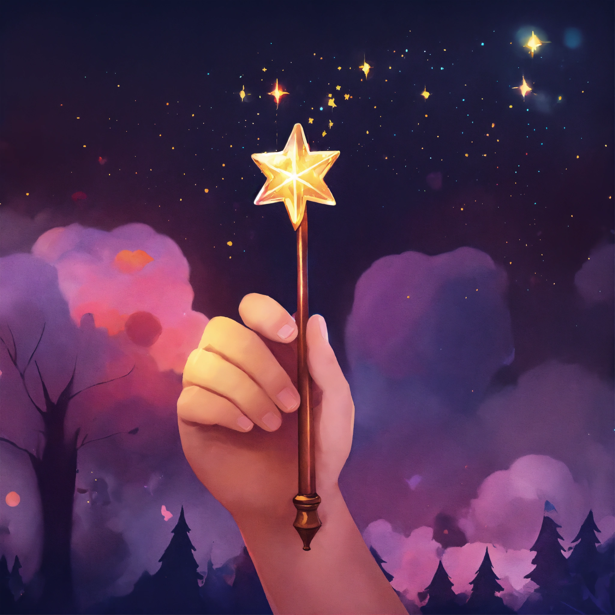Lexica - Child’s hand holding a magic wand. Illustration.
