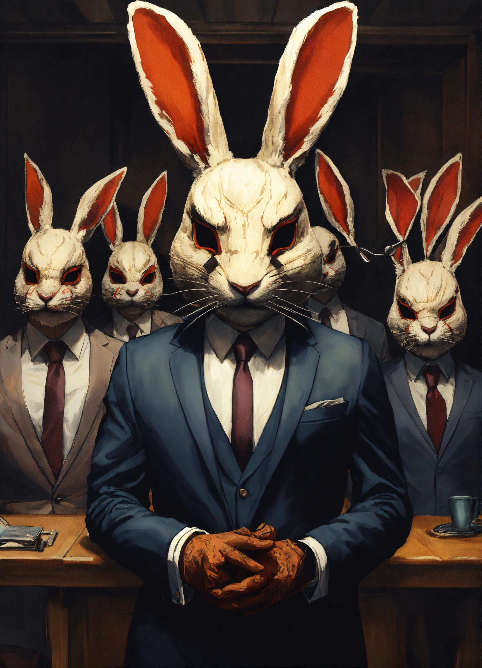 Lexica - A line of people in business suits wearing ominous rabbit ...