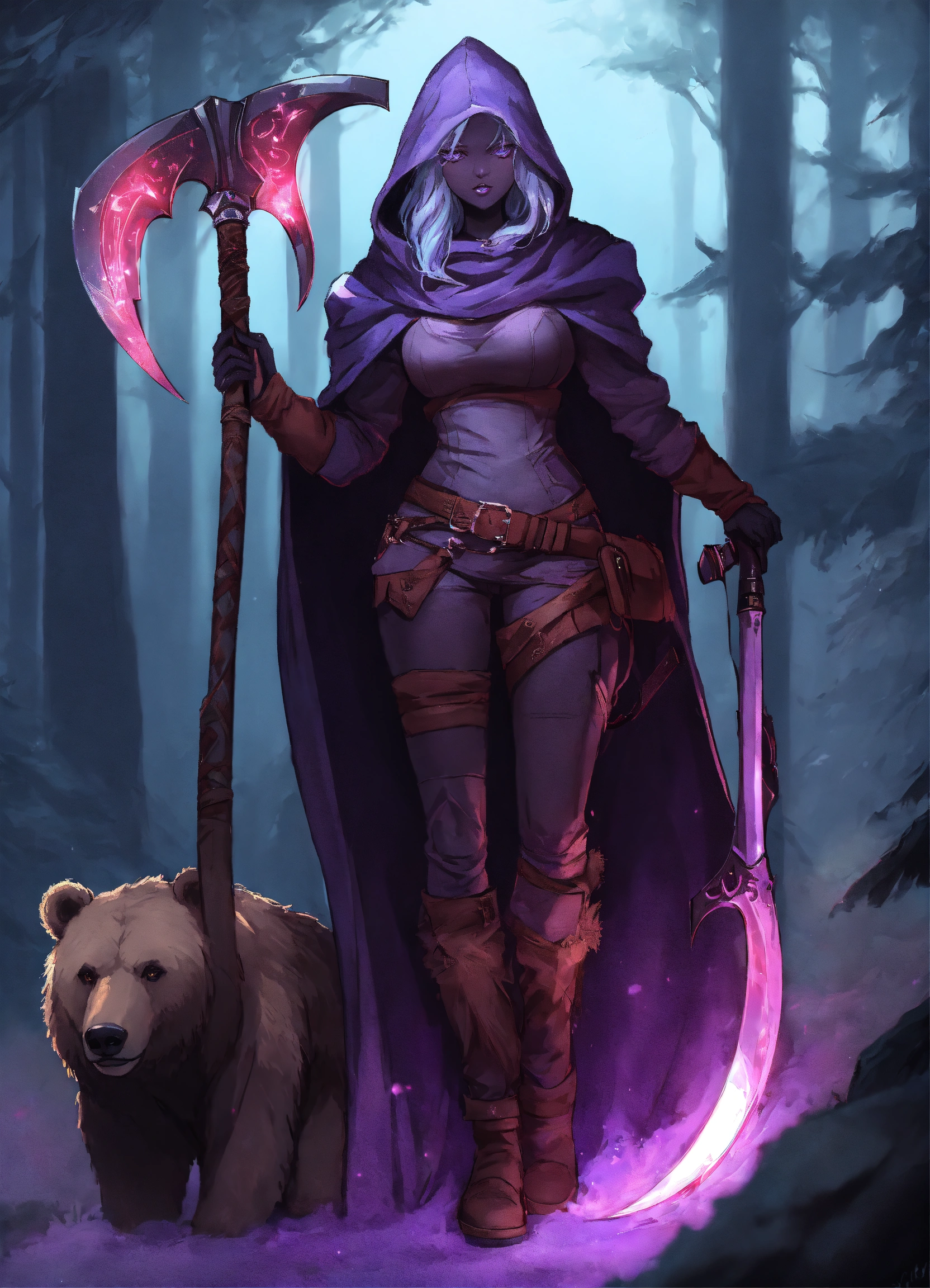 Lexica - Fullbody female drow with glowing purple skin in a hooded gray outfit and a very large ...
