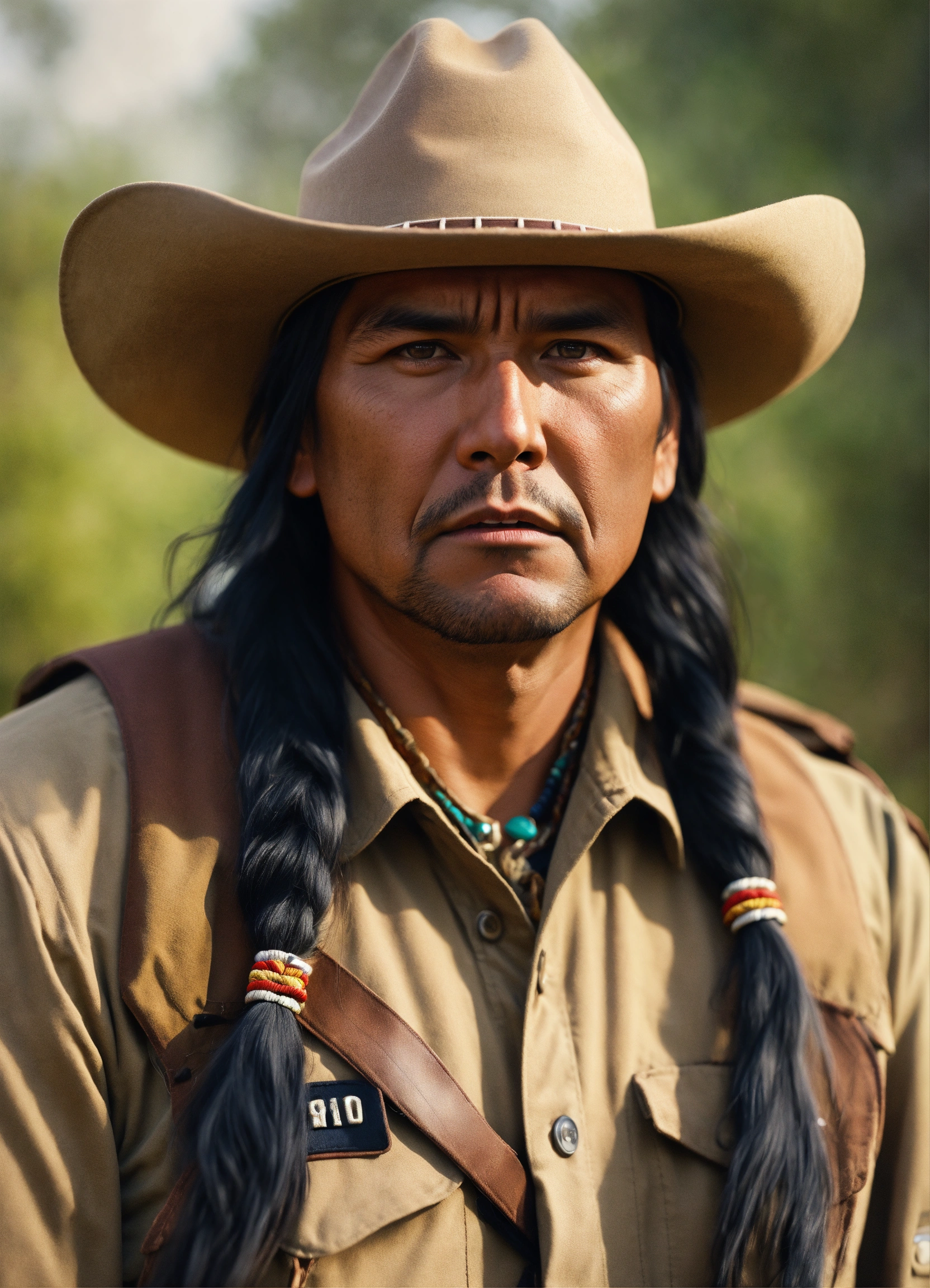 Lexica - PORTRAIT OF AN Native american man park ranger scared ...