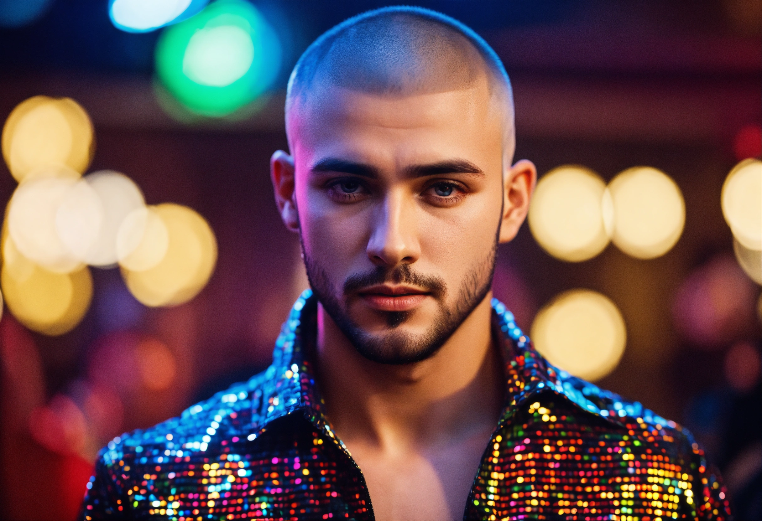 Lexica - Cute man, style disco dancer, eyes visible, dancing, buzz cut