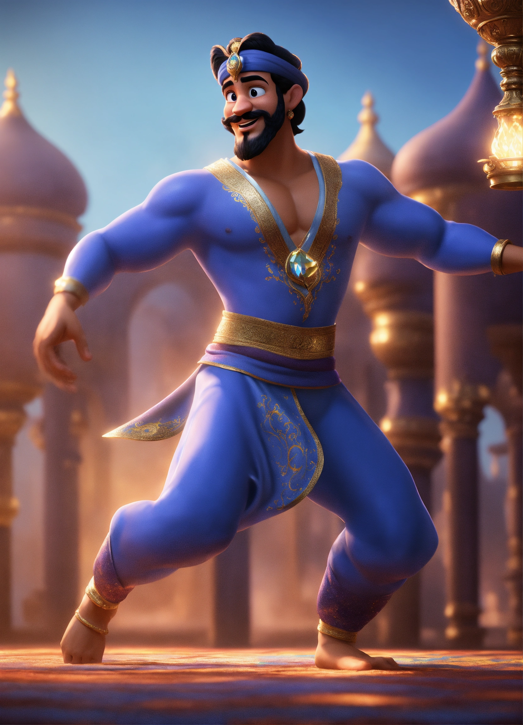 Lexica - Create a 3D rendering of a magical blue Arabian male genie ...