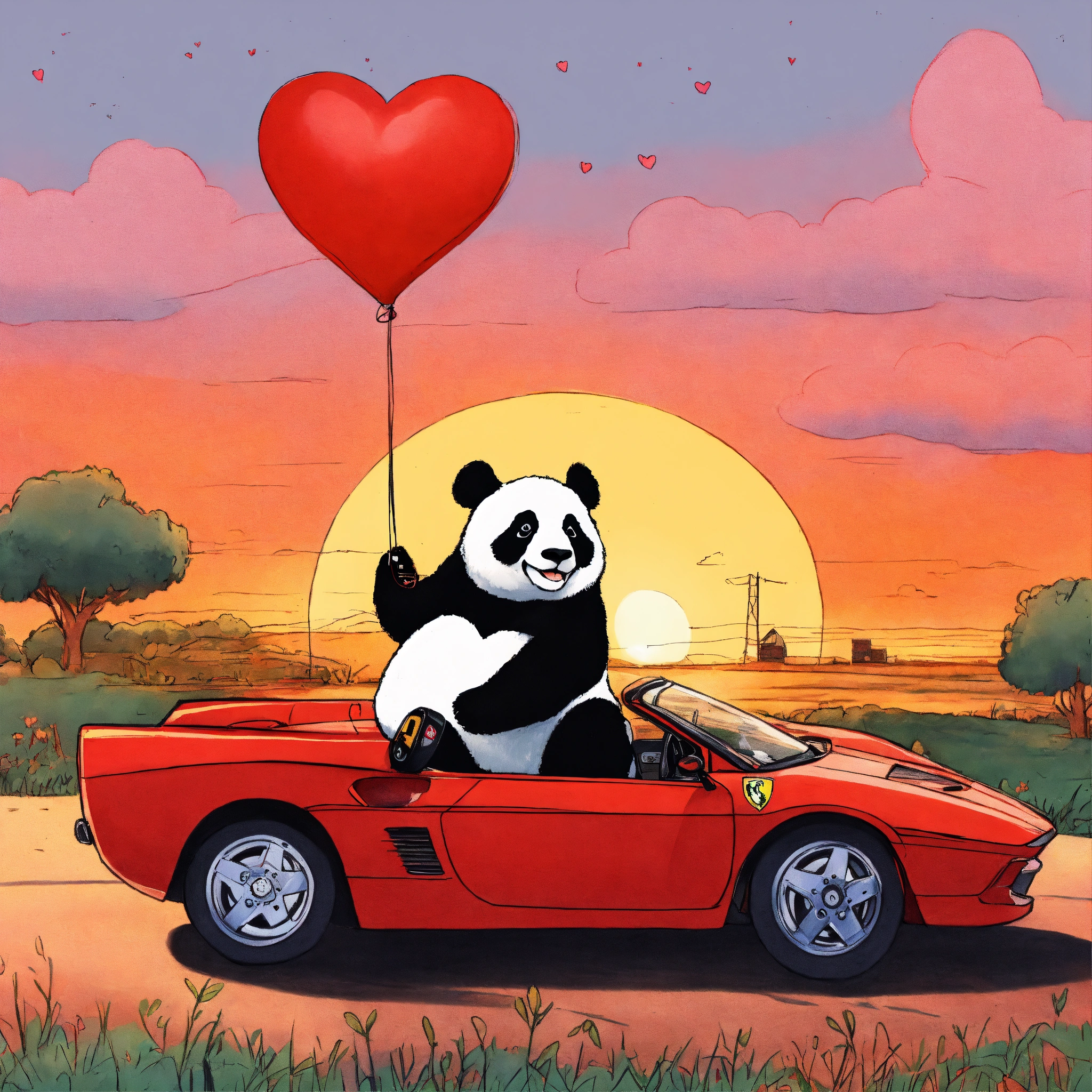 Lexica - Drawing of a panda driving a ferrari at sunset listening to ...