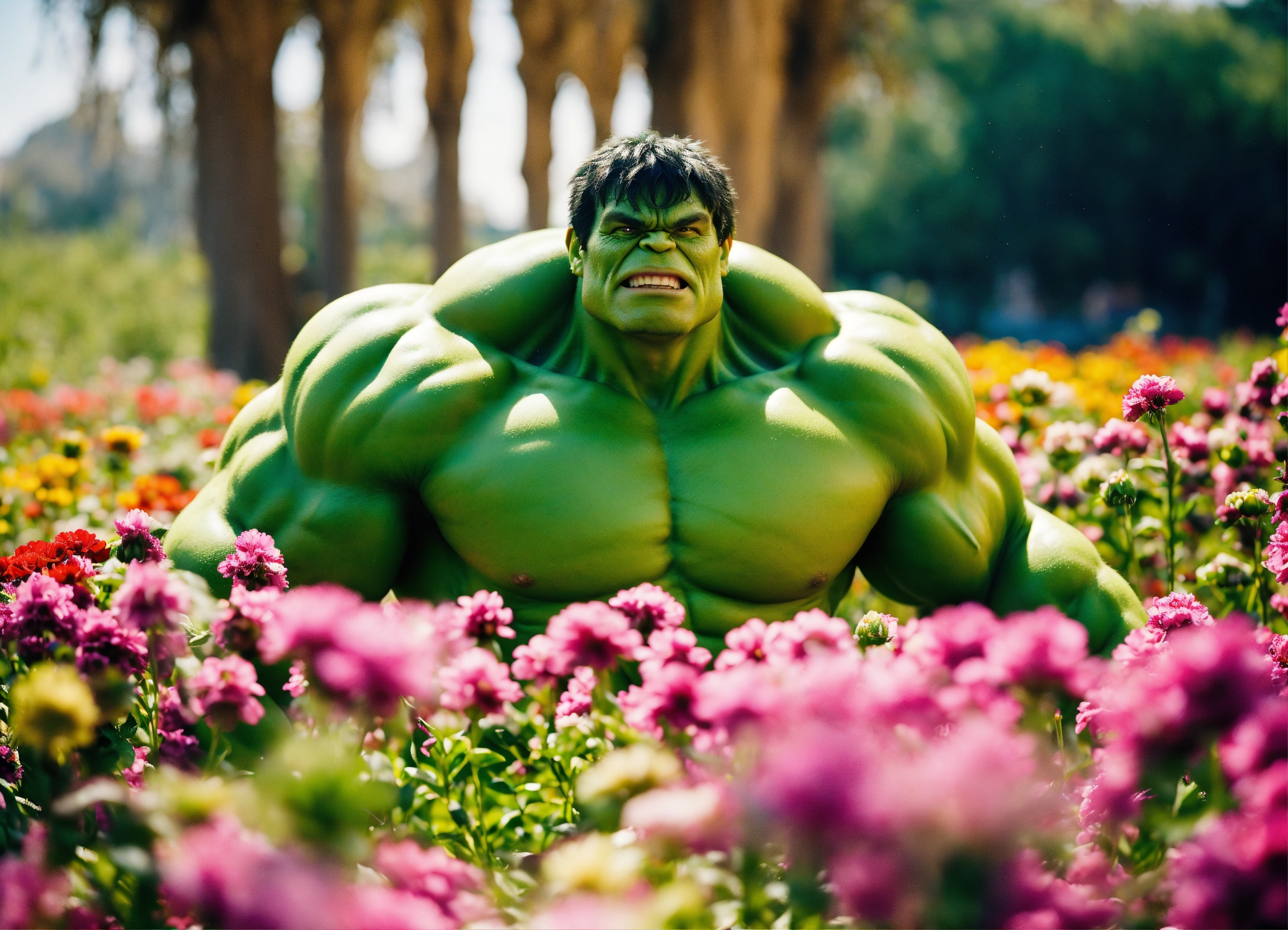 Lexica - Happy Hulk standing in a beautiful field of flowers, colorful ...