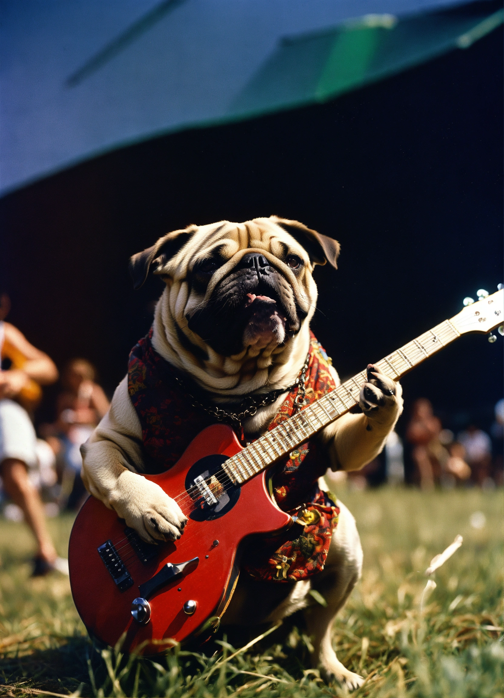 Lexica - A bulldog/pug playing guitar at a concert at Woodstock 1969 ...