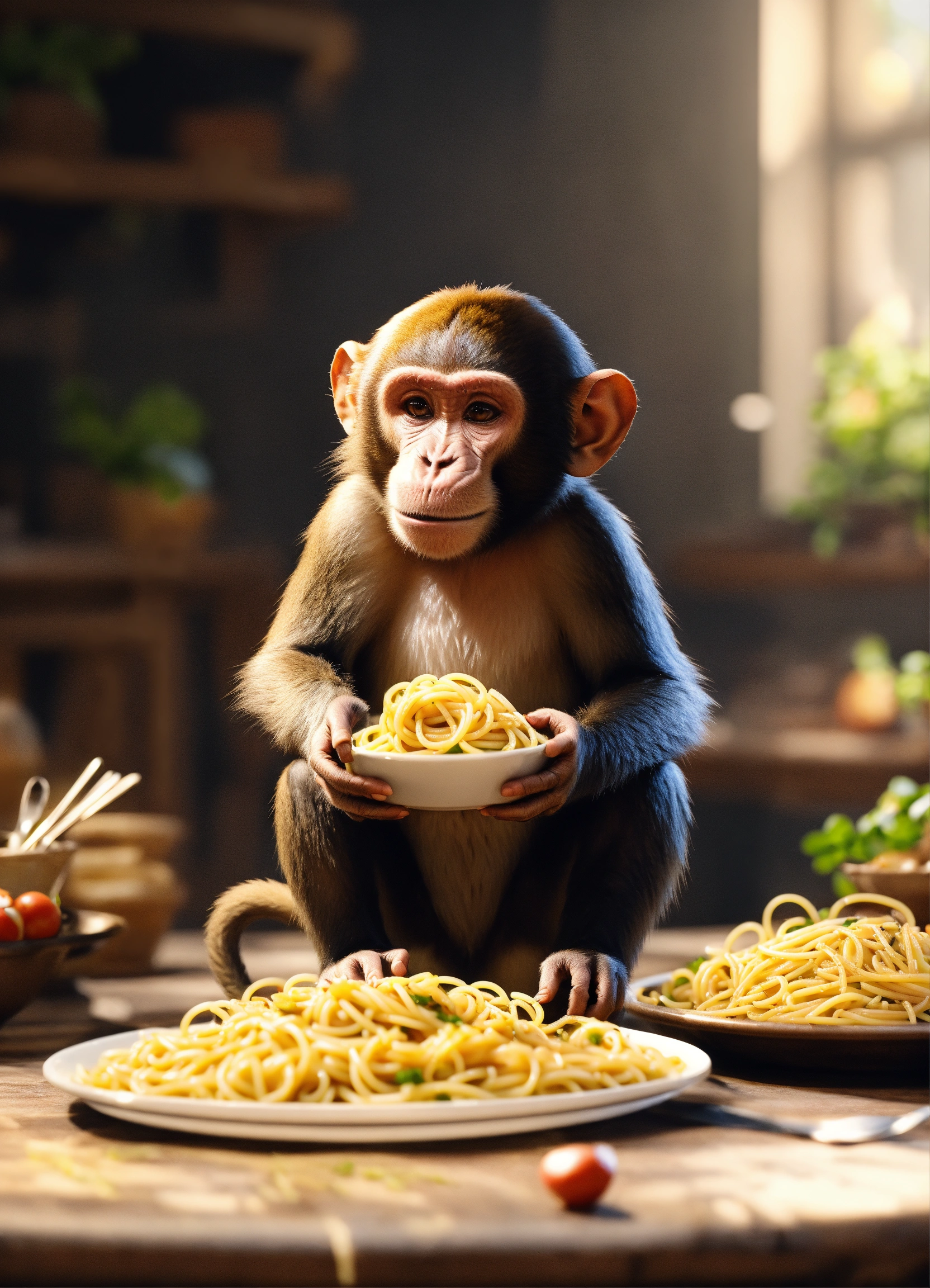 Lexica - A monkey standing on 2 legs, eating spaghetti, unreal engine ...