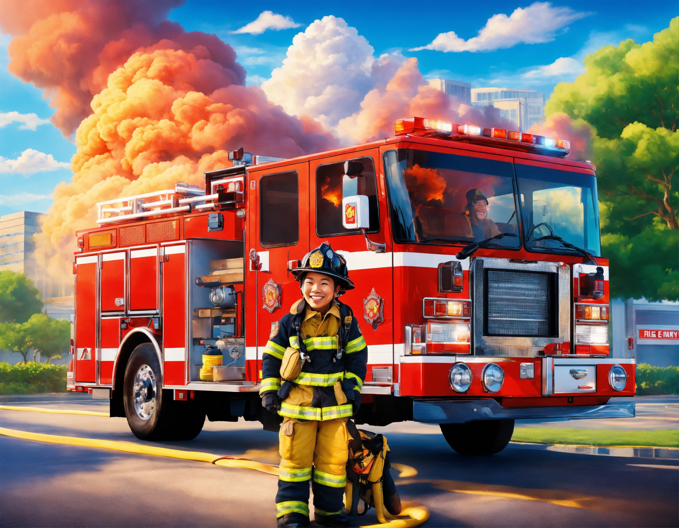 Lexica - A firefighter, smiling, Indonesian face, background in front ...