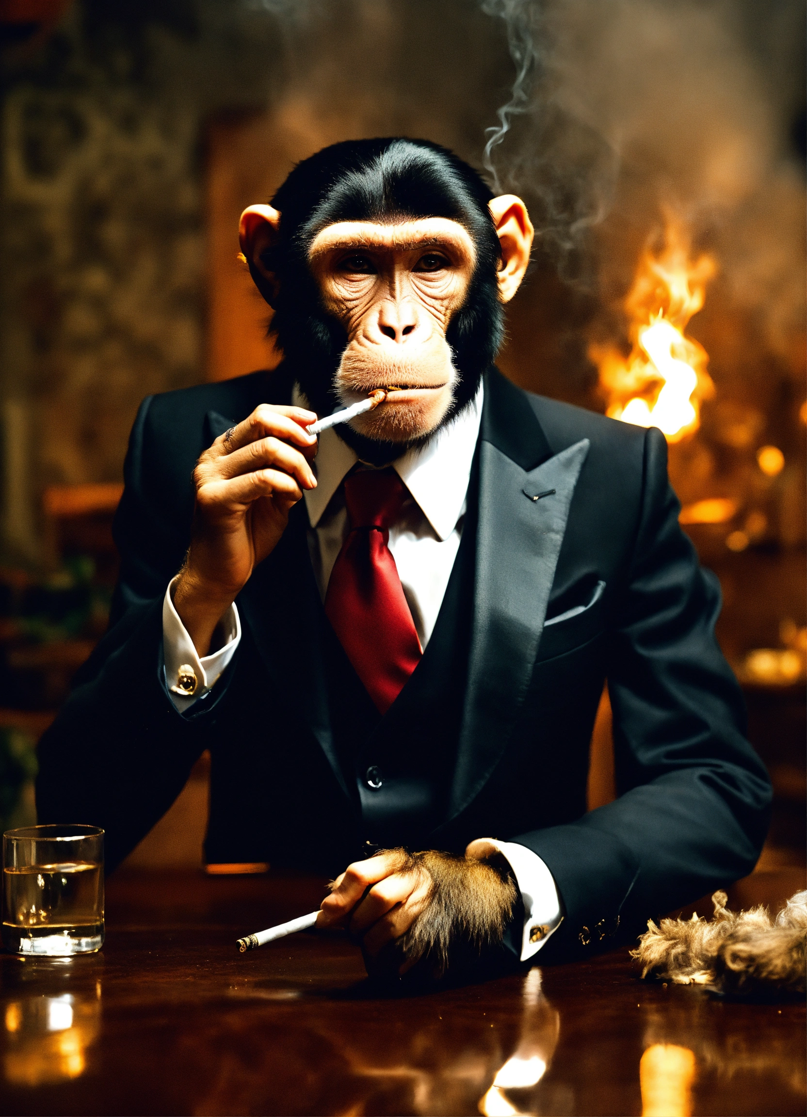 Lexica - Elegant monkey, black suit, smoking a very smoky cigarette ...