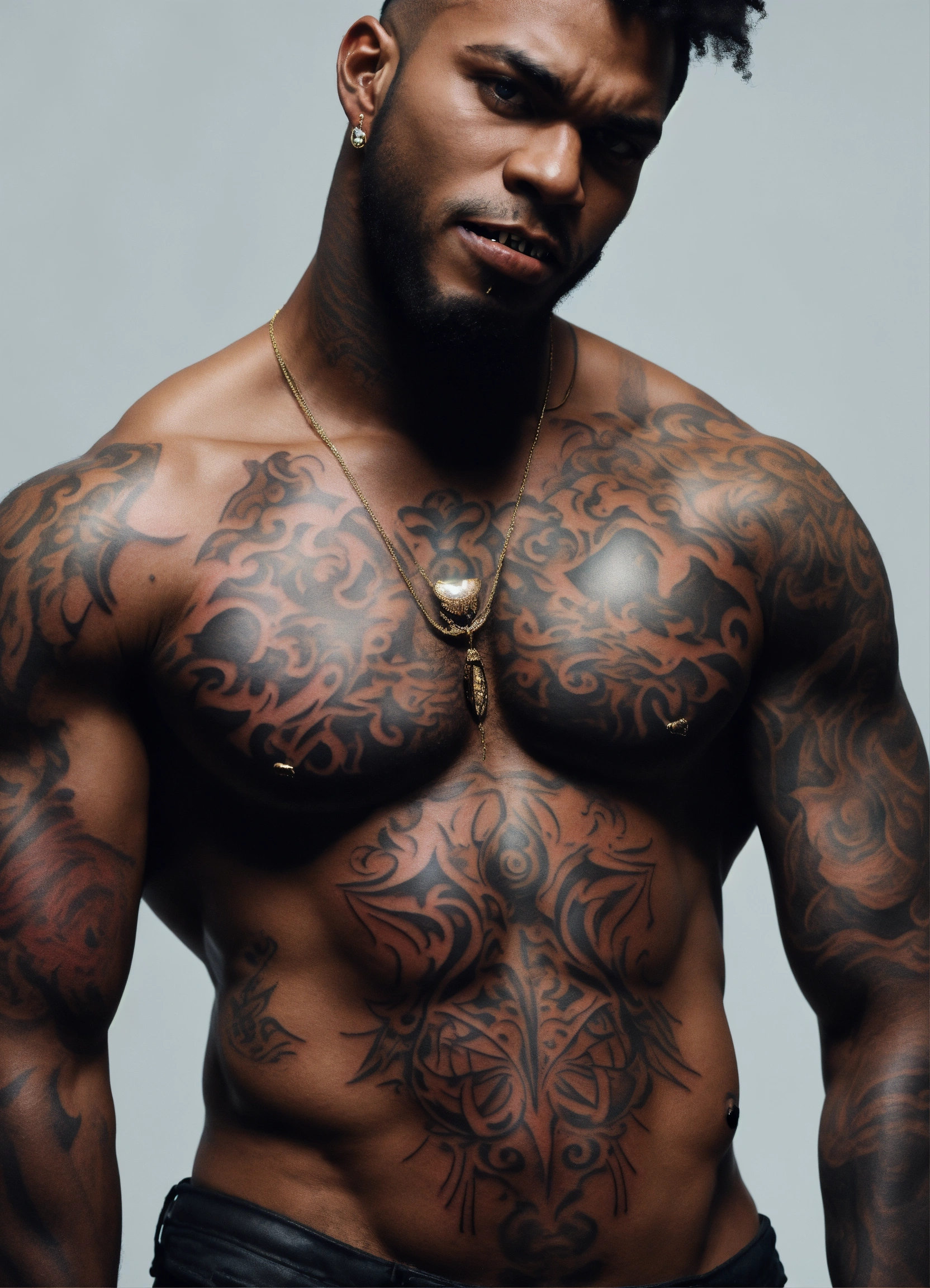 Lexica - Very Handsome, Black man, werewolf eyes, sharp teeth, tattoos ...