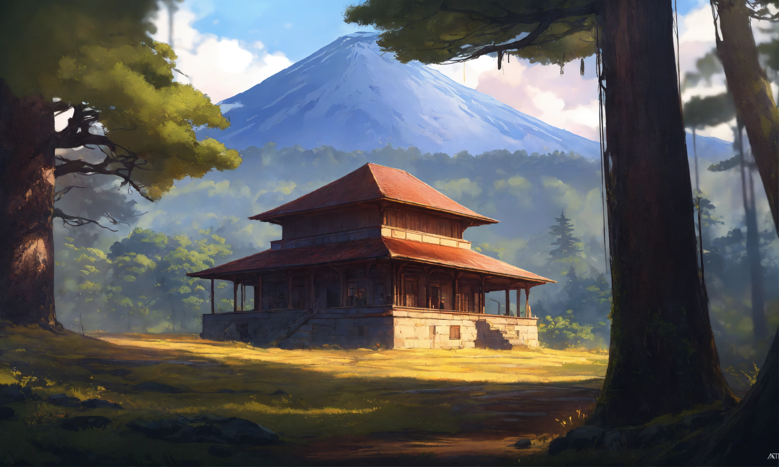 Lexica - Colonial blockhouse with dormant volcano in distance and pine ...