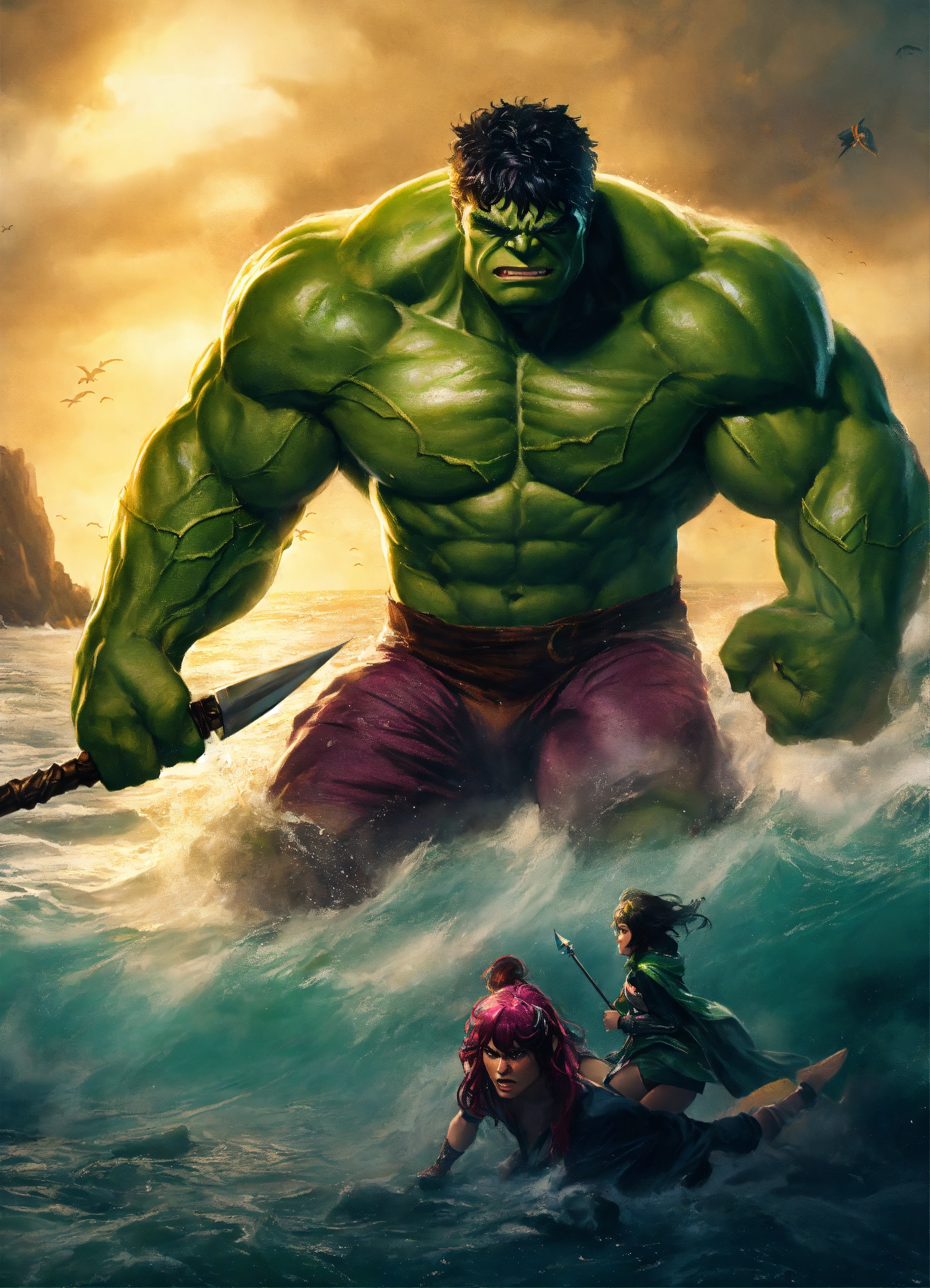 Lexica - The Hulk rides a spear in the sea with his wife, the camera is ...