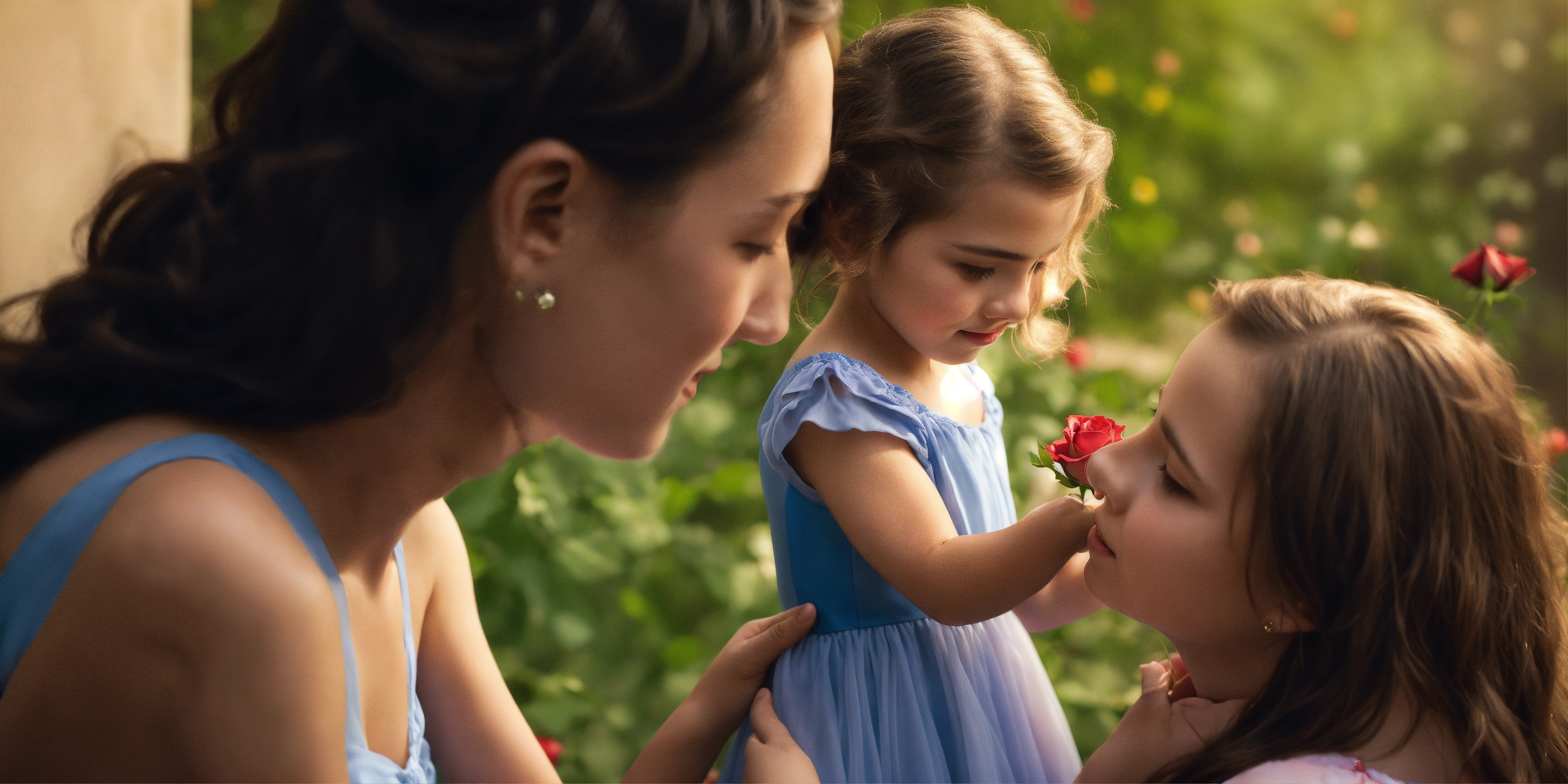 Lexica - A beautiful 10-year-old girl in a blue dress gives her ...