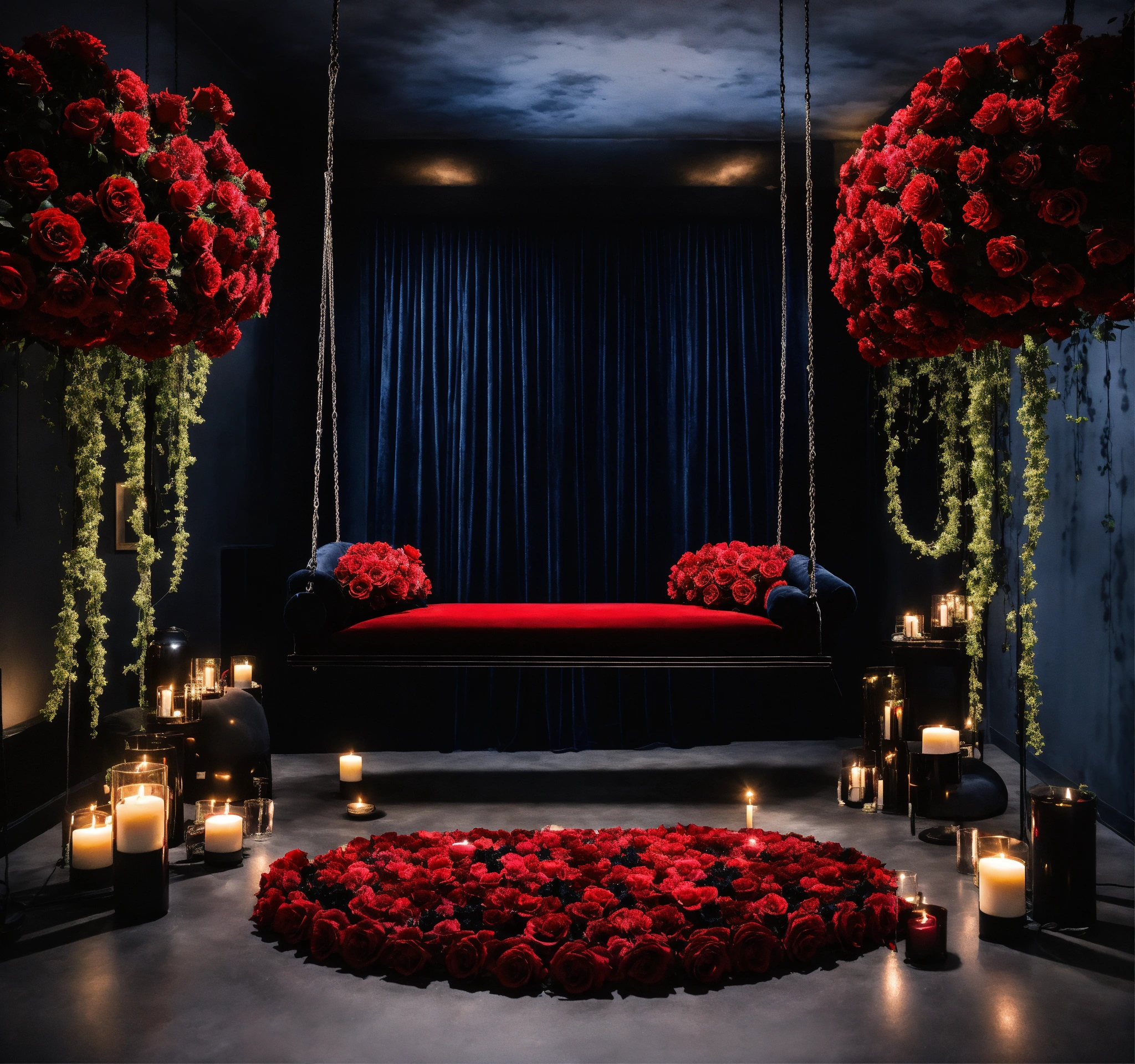 Lexica - All black room with giant black velvet swing, led lights in ...