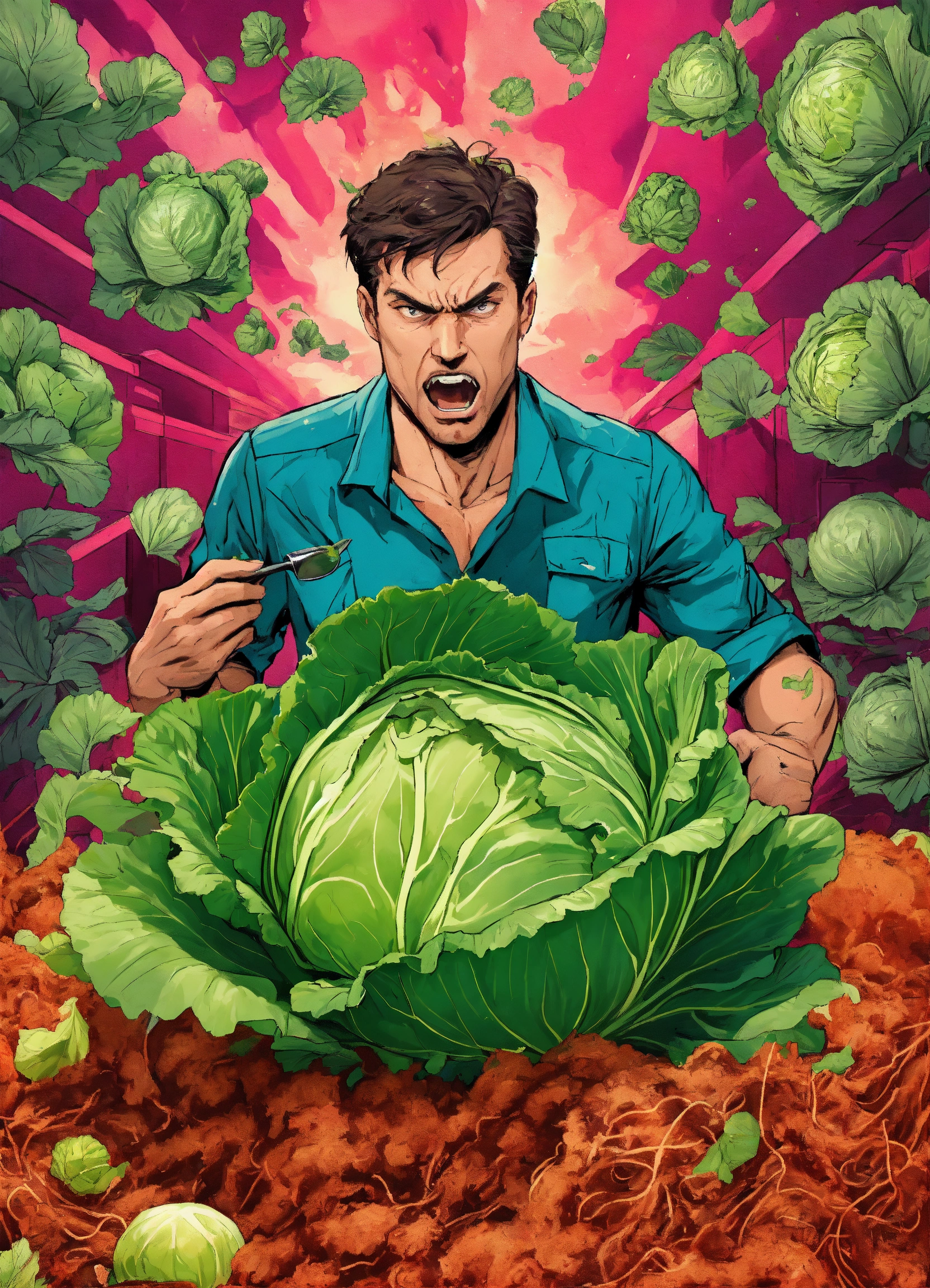 Lexica - An aggressive man get into the cabbage. comics, psychedelic background