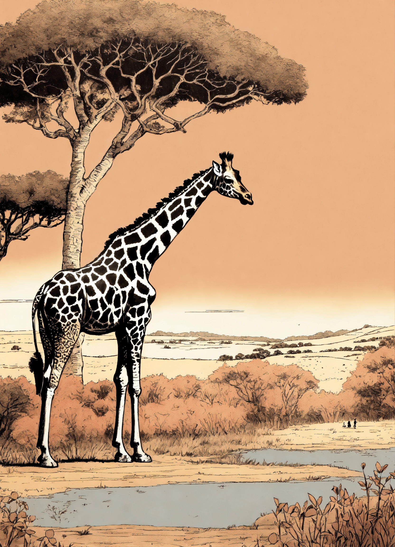 Lexica - Detailed pen and ink illustration of an African savanna ...