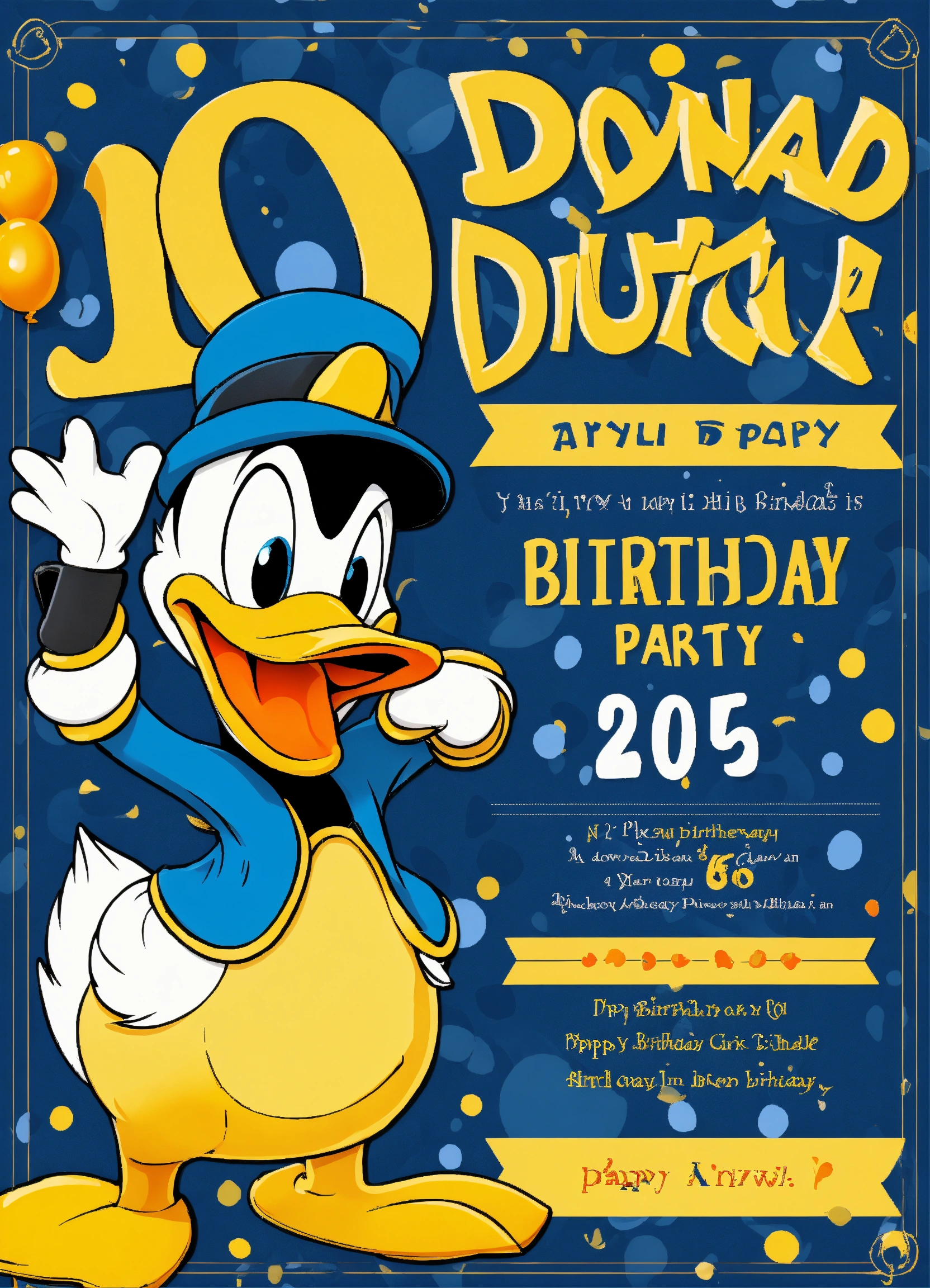 Lexica - A playful yellow theme Donald Duck birthday party invitation card.