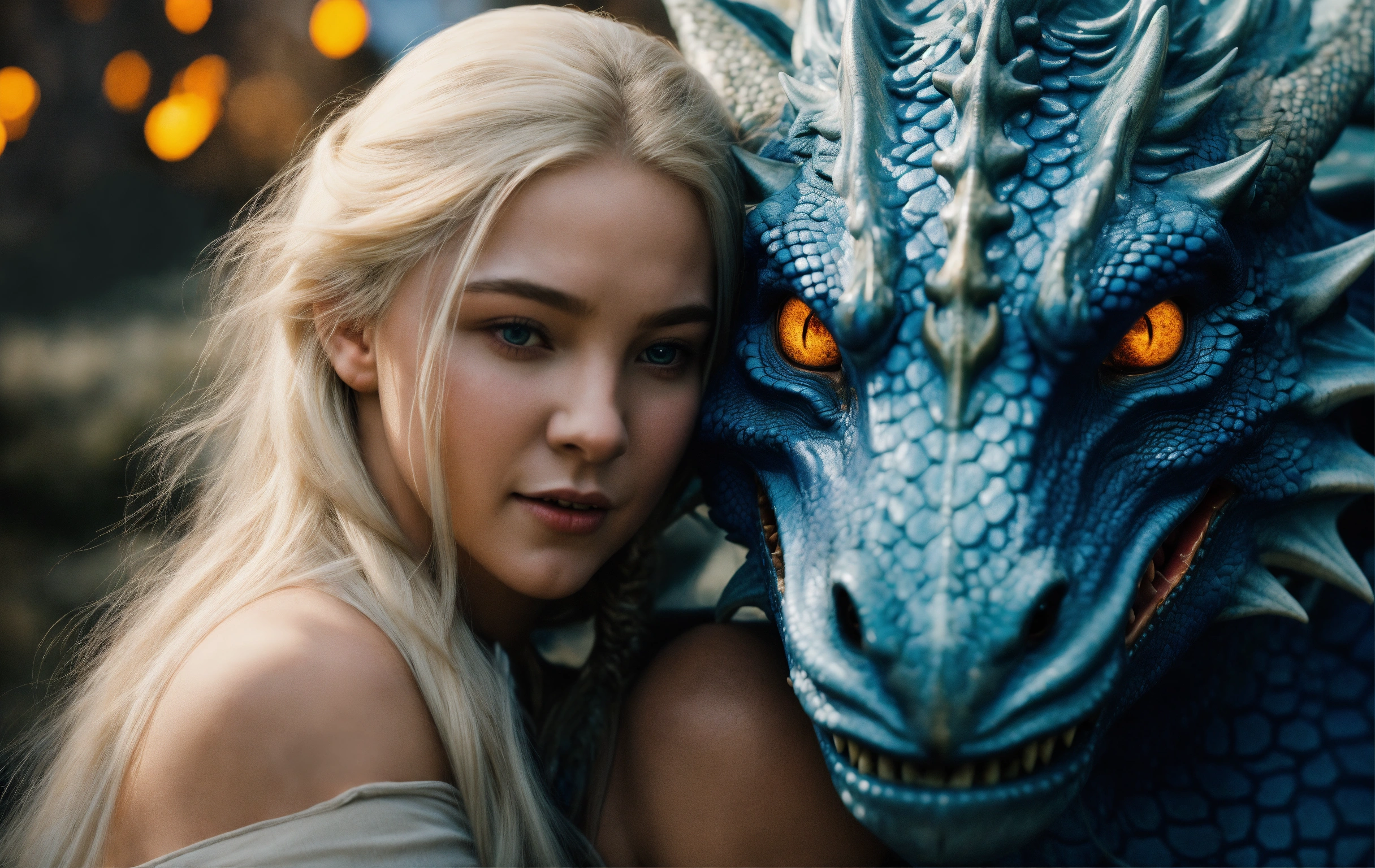 Lexica - Giant terrifying blue dragon head with a beautiful 15 year old whiteblond elvish girl ...