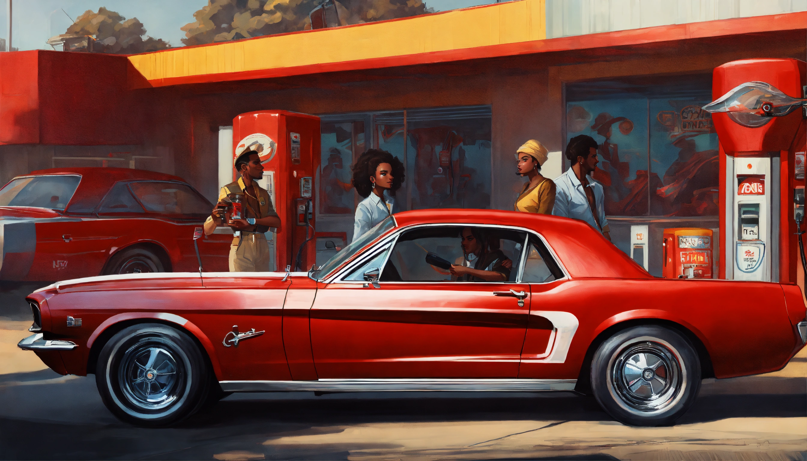 Lexica - Red mustang at a gas station, black african couple inside car ...