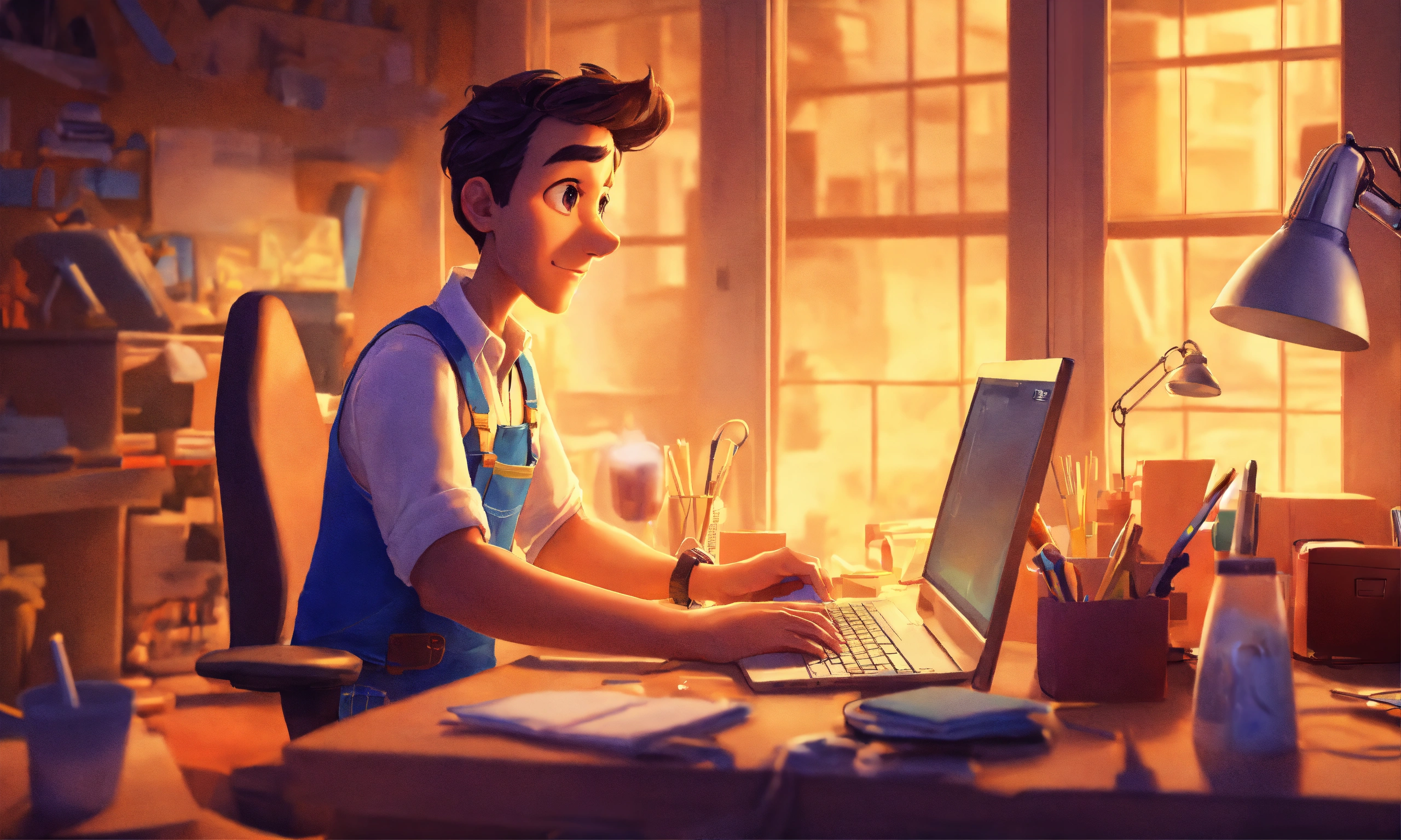 Lexica - Generate a Disney Pixar style image, man working hard in front ...