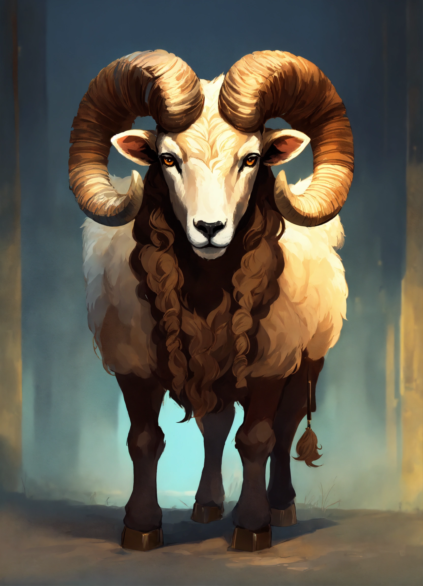Lexica - Concept art of a ram with long curly horns and strong front legs