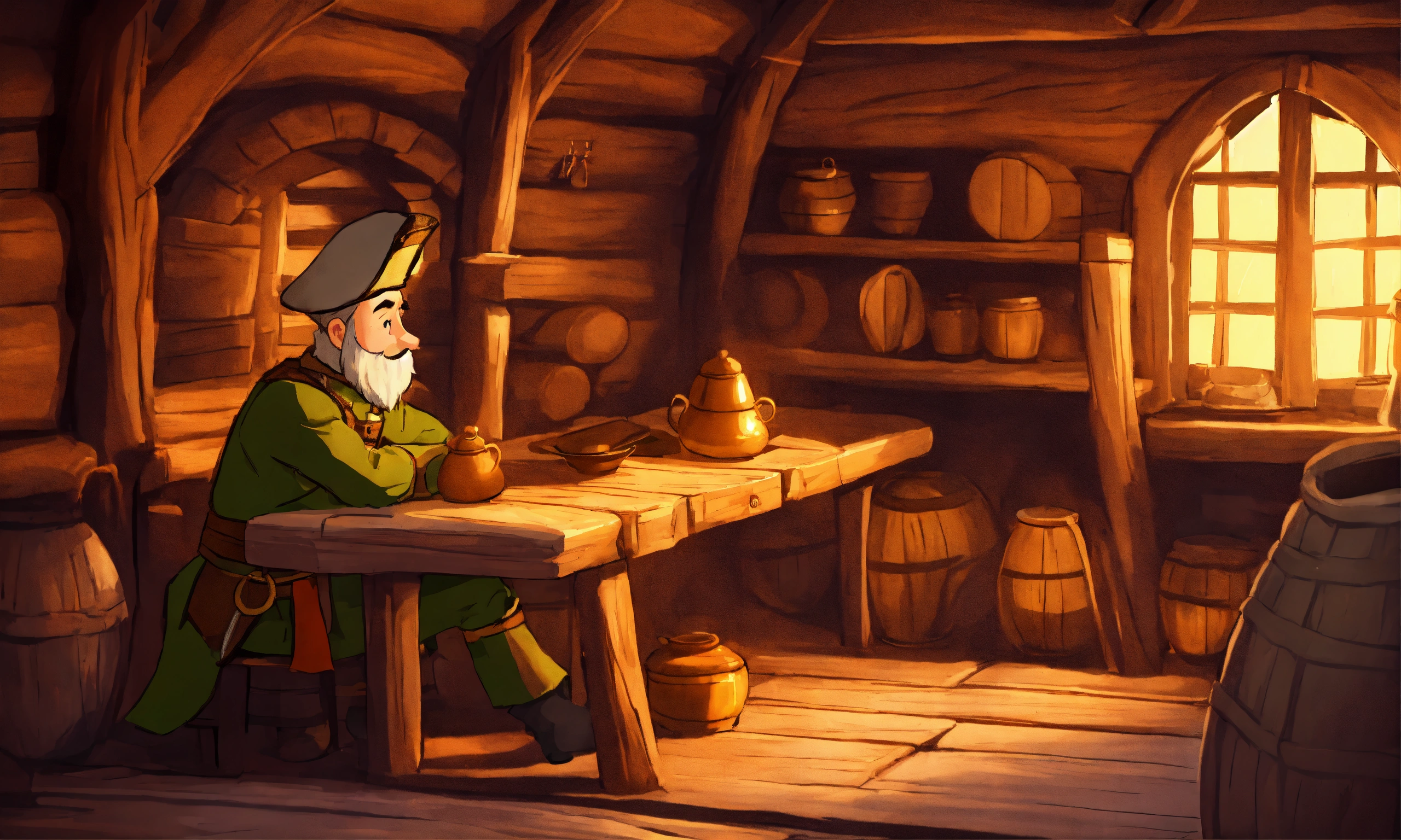 Lexica - One Cartoon style 18th century soldier in a cozy medieval hut