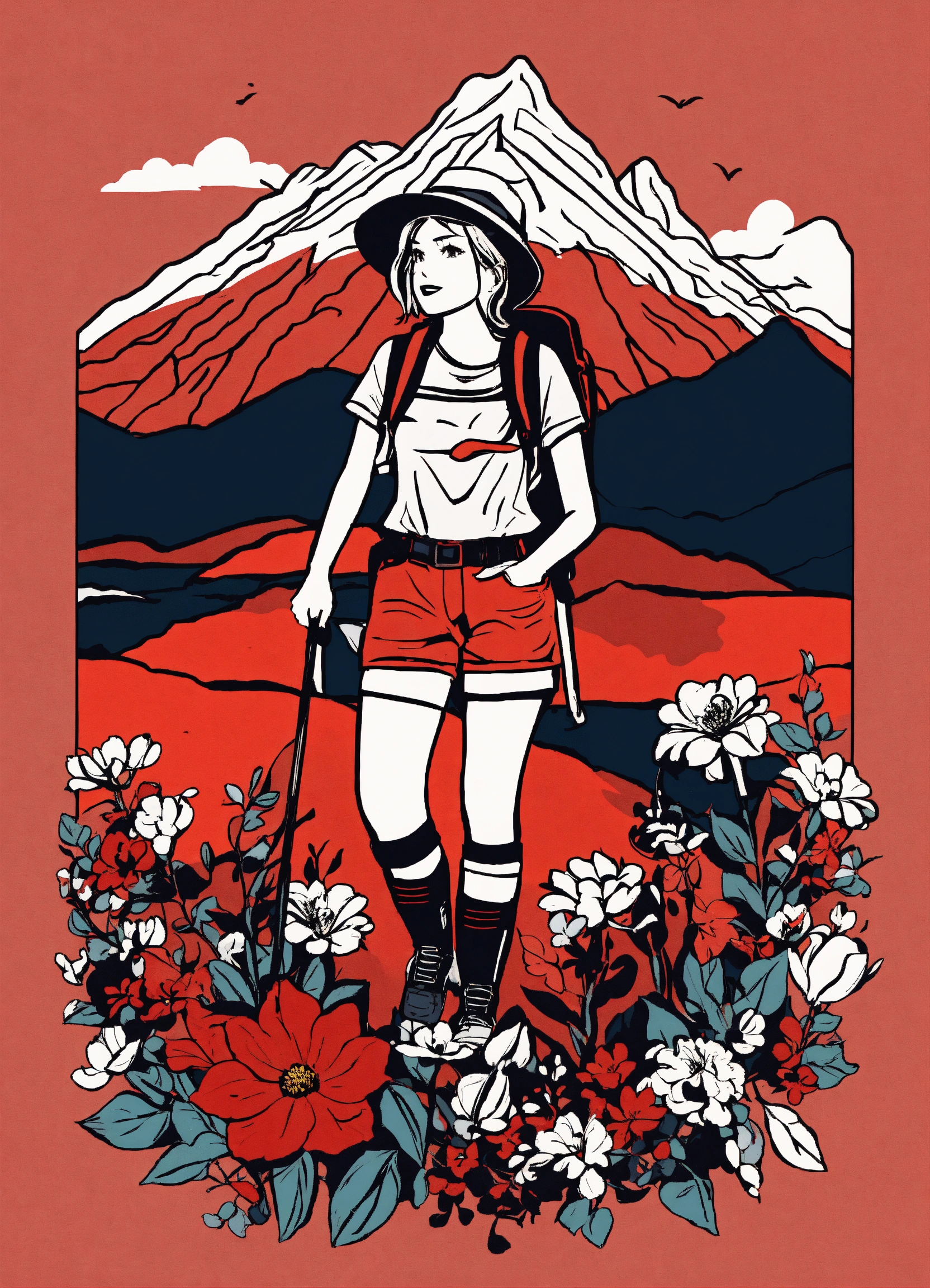 Lexica - Cute female hiker, with flowers and mountains, t-shirt design ...