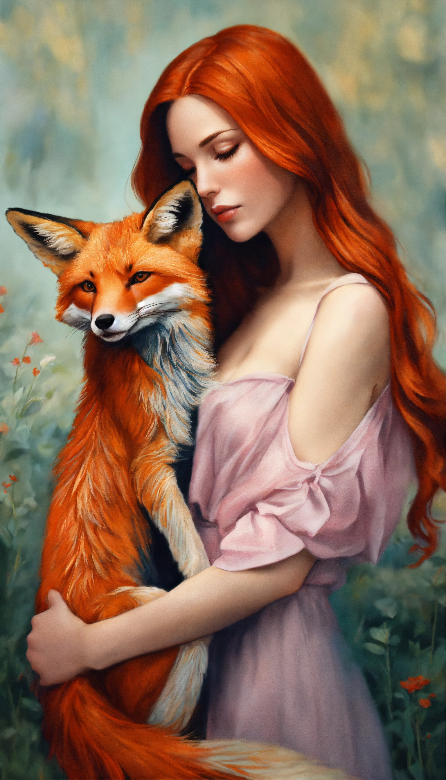 Lexica - Drawing of a red-haired woman caressing a fox, realistic