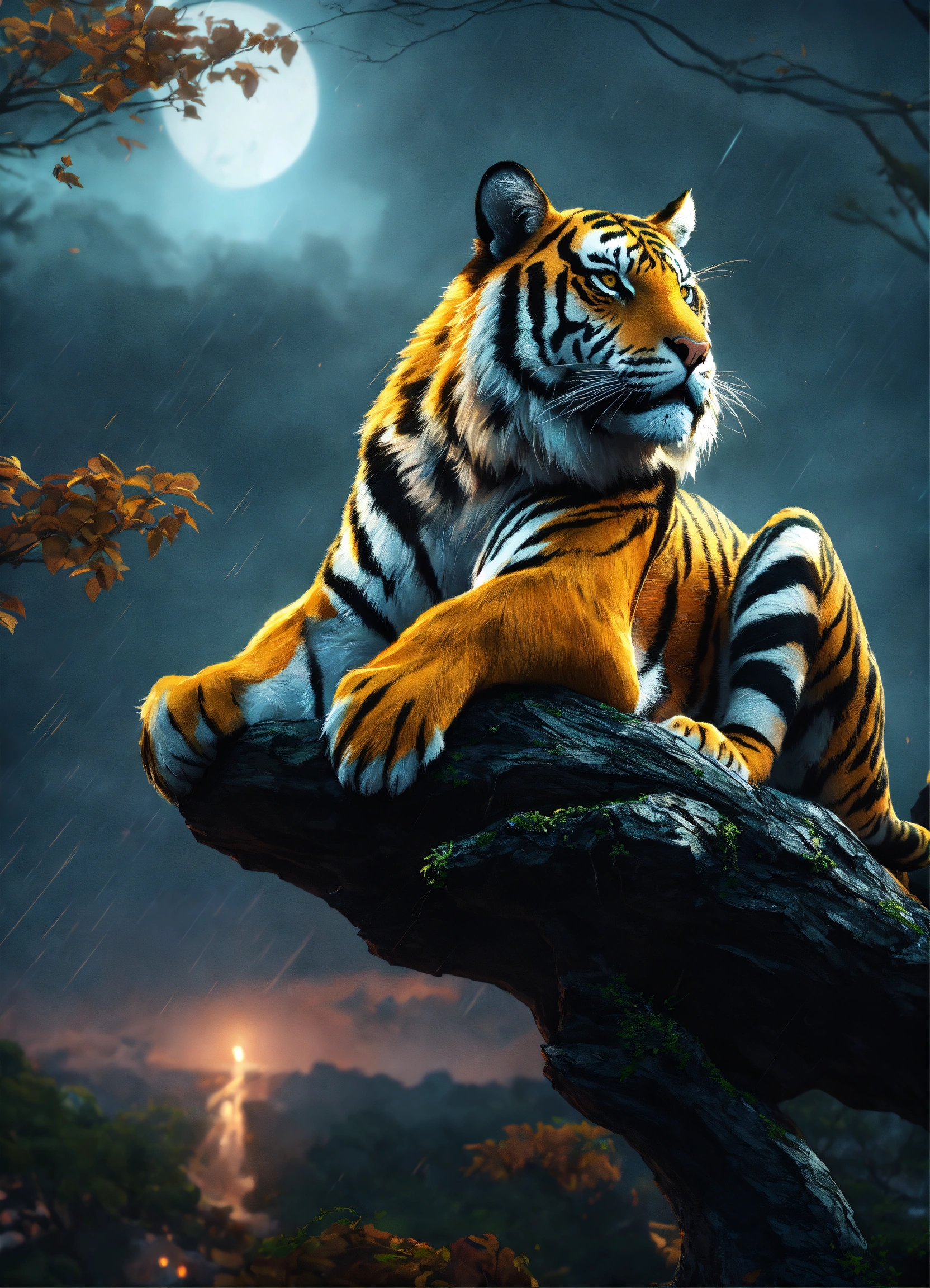Lexica - A ferocious tiger meditating on the tree top, grove, stormy ...
