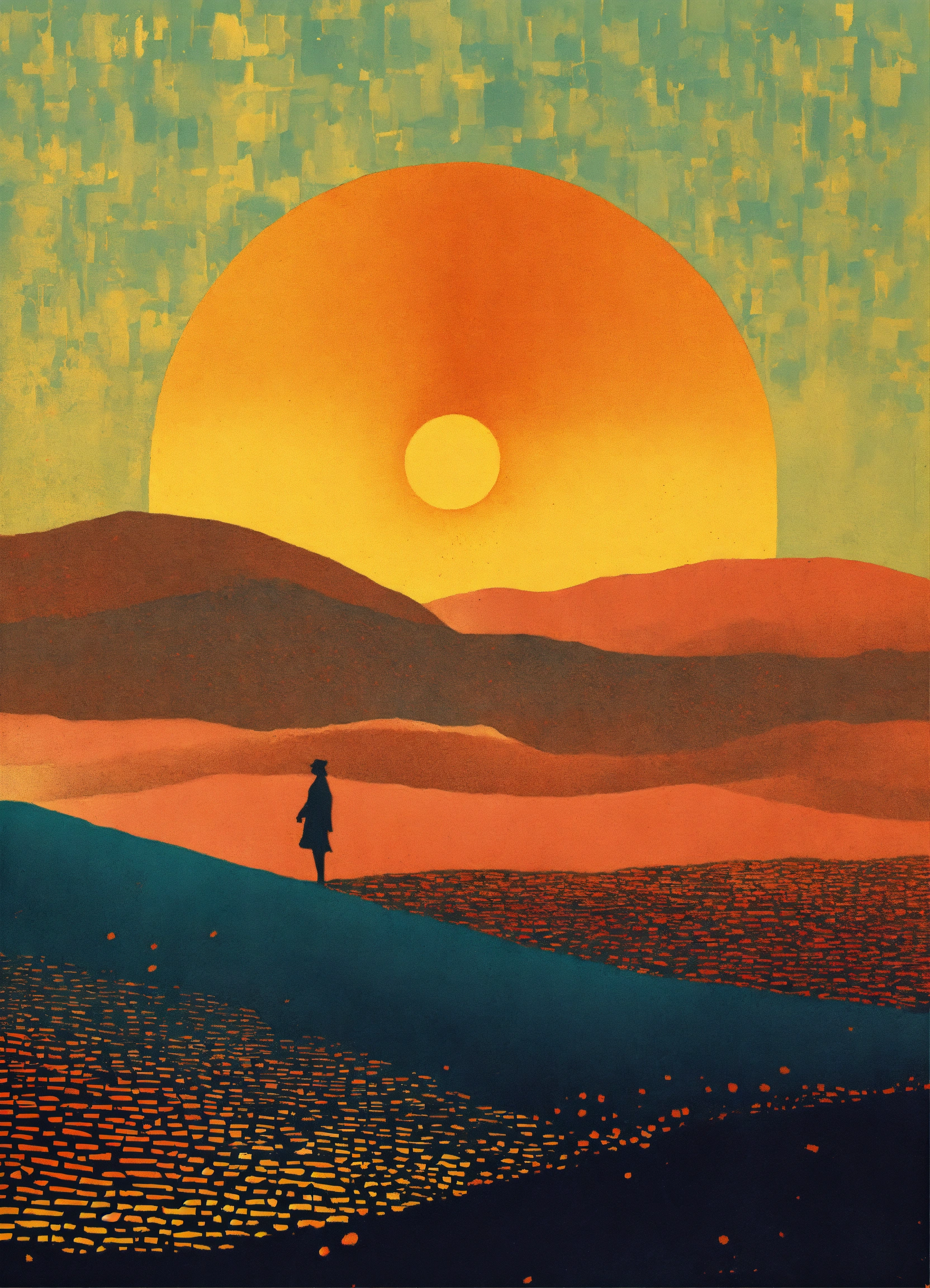 Lexica - Sun profile + Halftone pattern + editorial illustration of the memento morti + higly ...