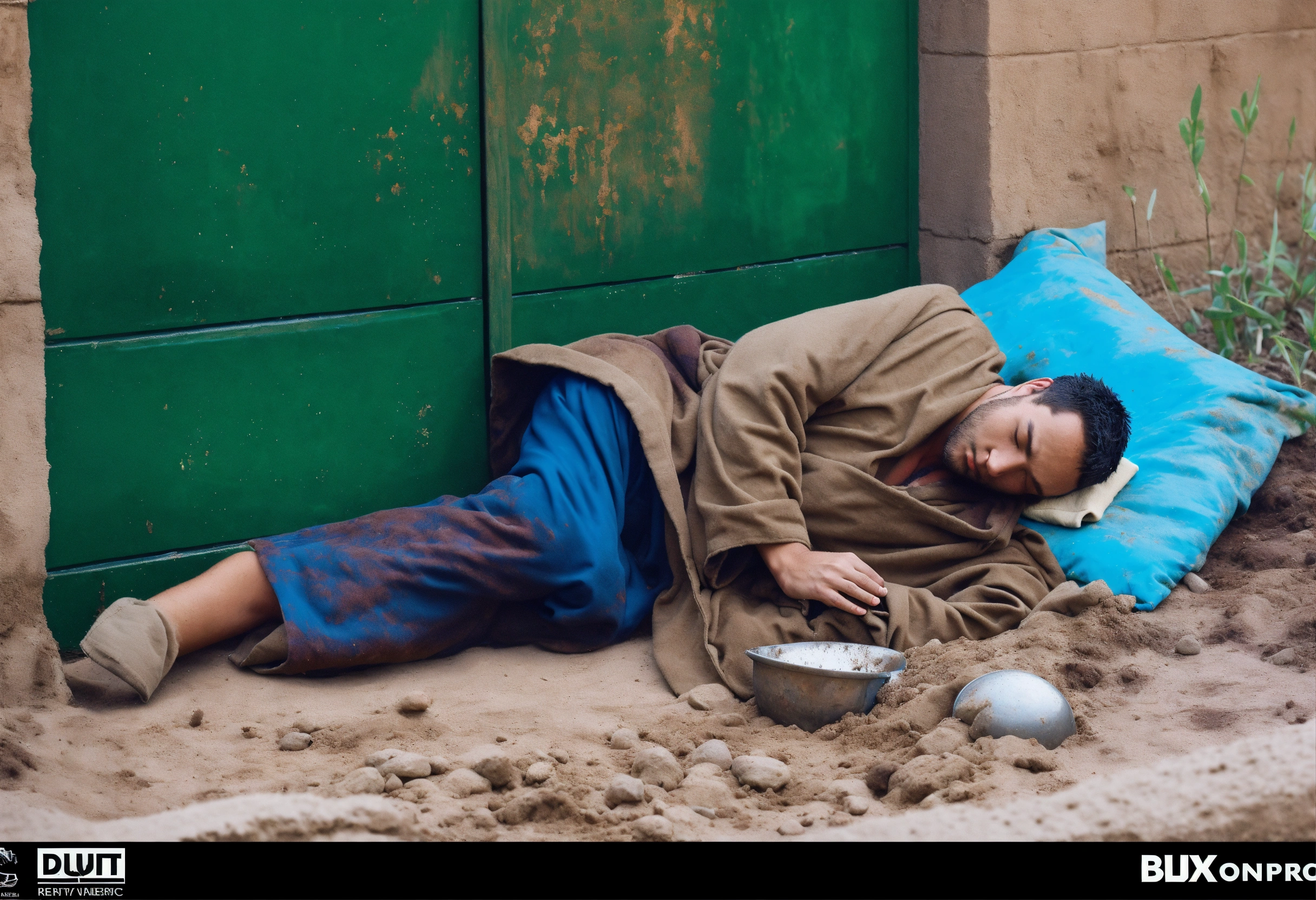 Lexica - A man in dirty robes, laying on his side in the dirt, sharp ...