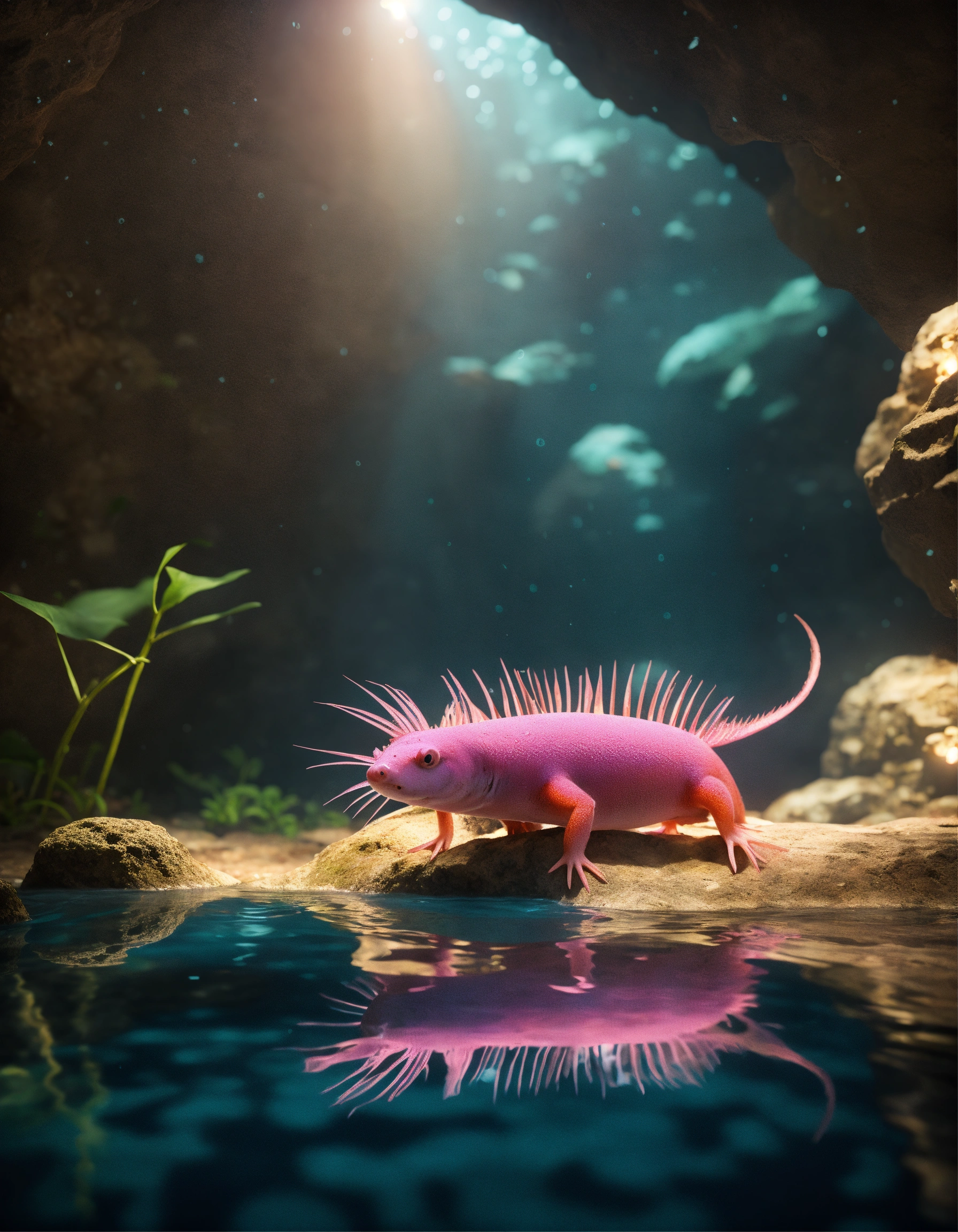 Lexica - Axolotls in a pool of water in a cave illuminated by a flash ...