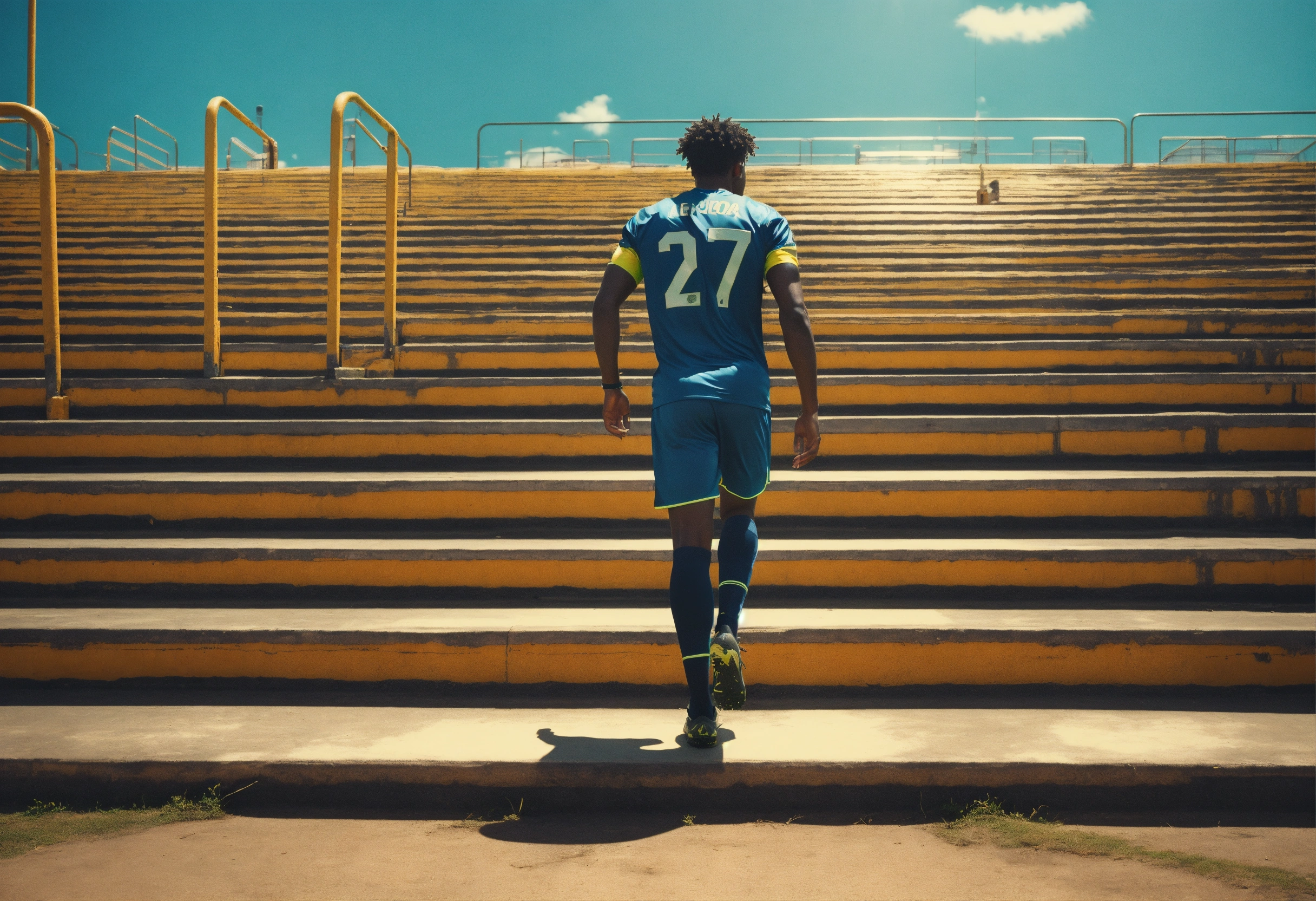 Lexica - A black Brazilian football player walking up the stairs to a ...