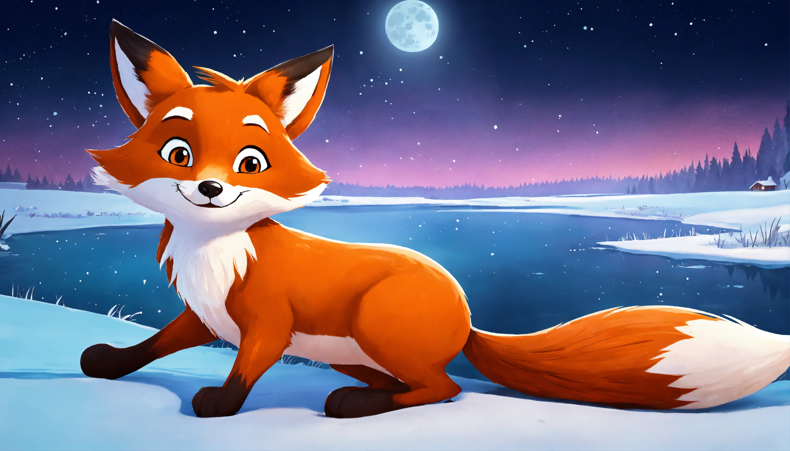 Lexica - A cartoon-style fox, no tail is running on a frozen river at ...