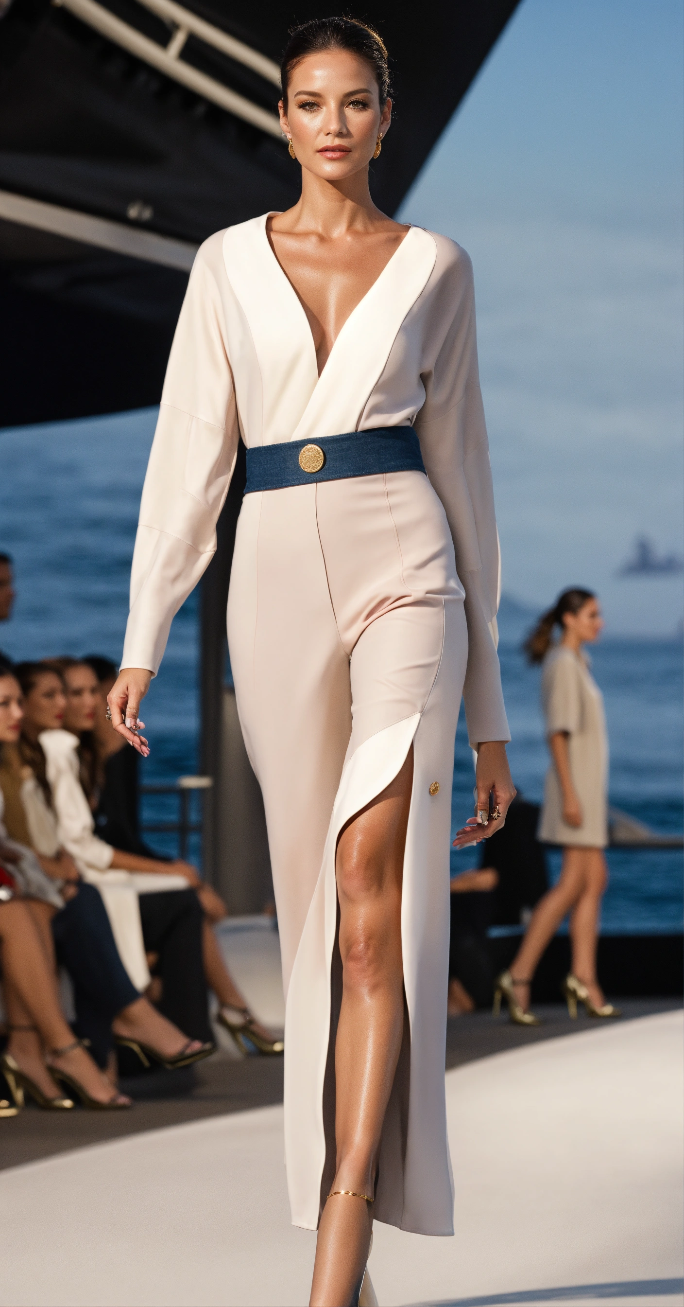 Lexica - 3d realistic photo of female captain walking runway during ...