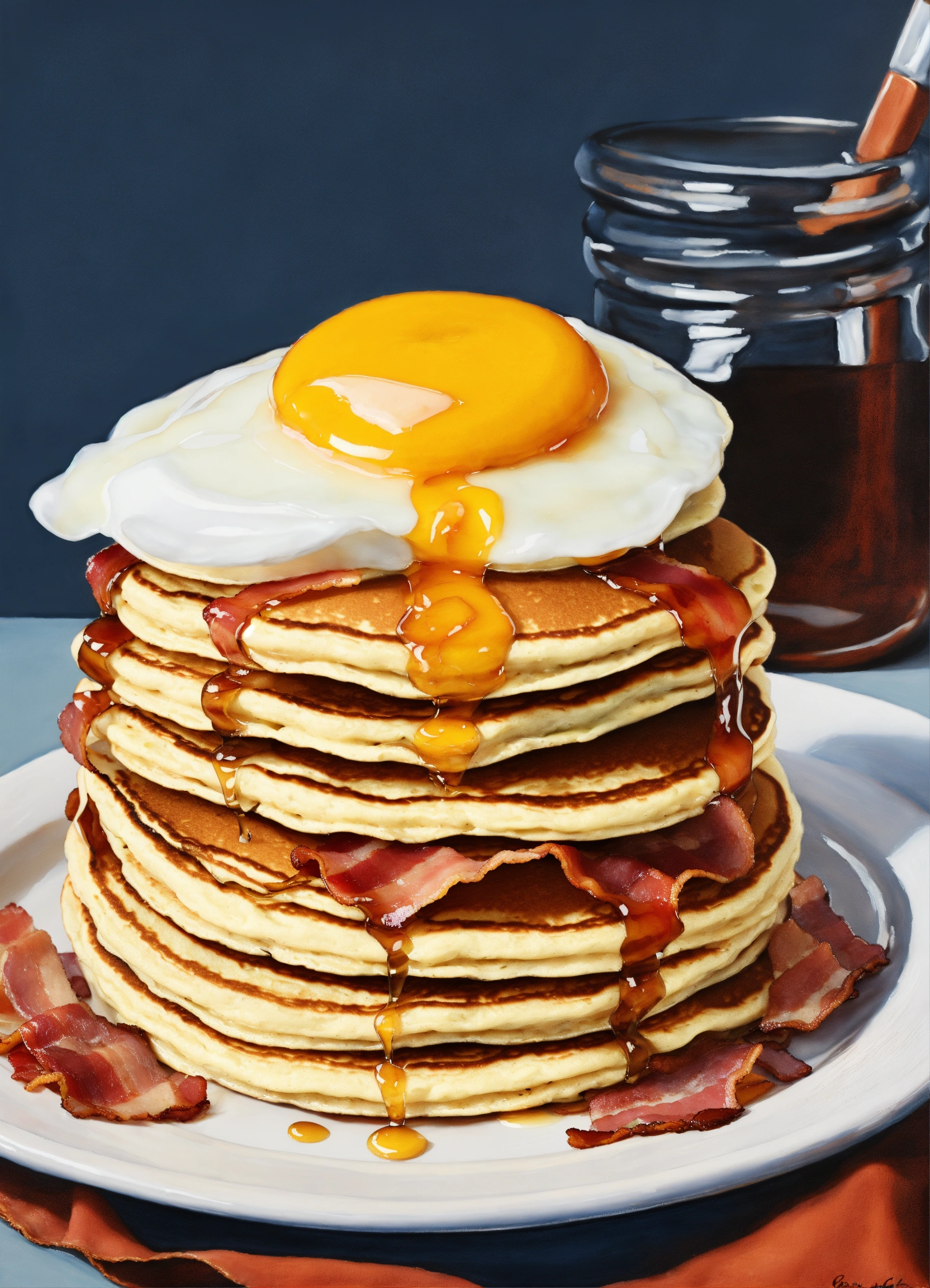 Lexica - A realistic painting of a stack of pancakes, bacon, eggs with ...