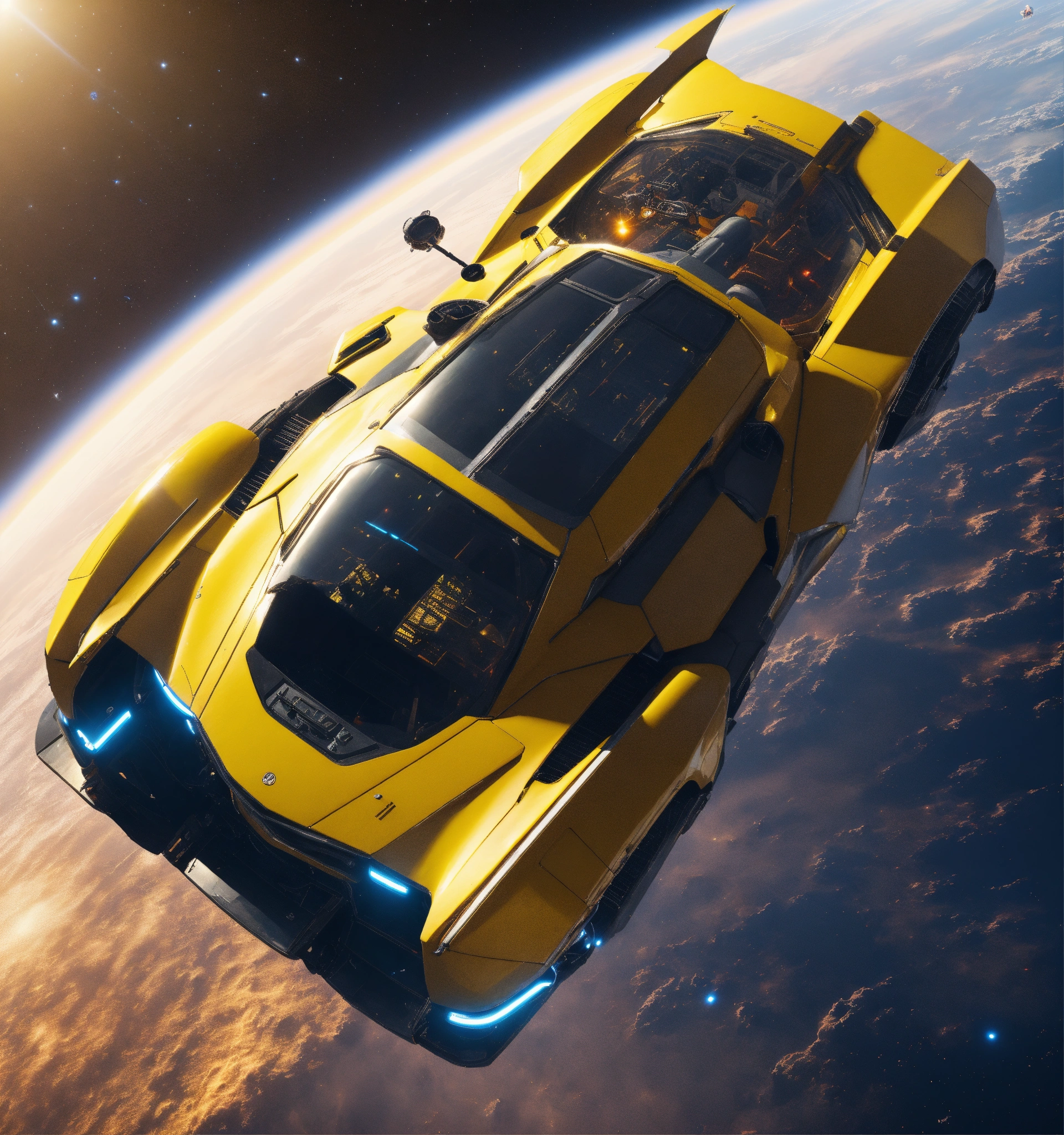 Lexica - Sleek flying yellow beat up futuristic clunker car shooting ...