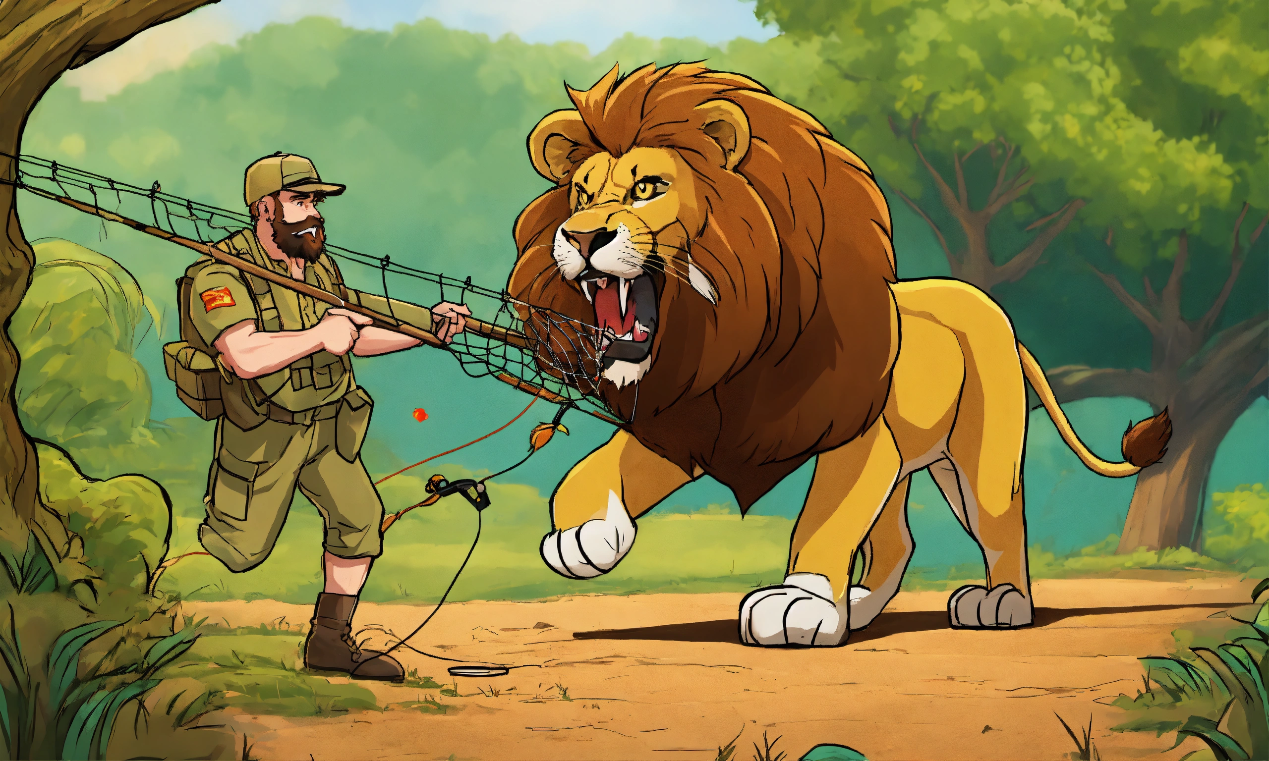 Lexica - Cartoon hunter caught big lion with the help of net and hooked ...