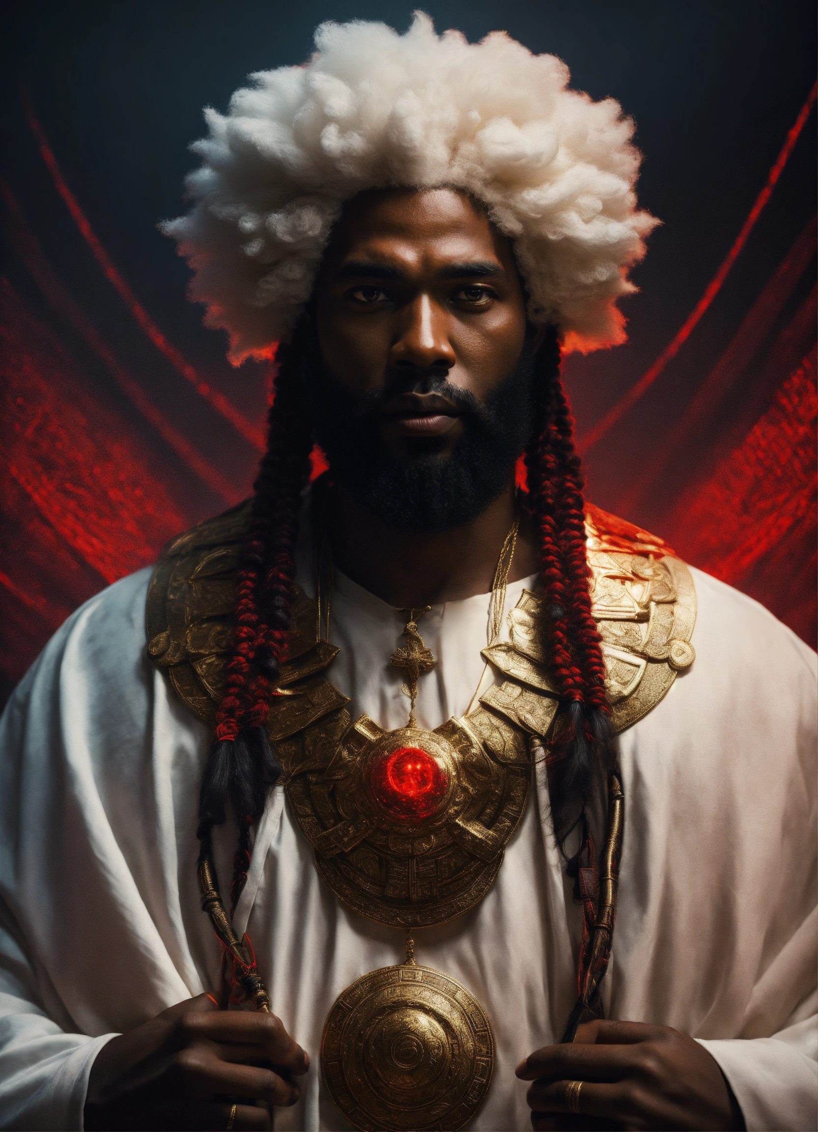 Lexica - Black Christ red eyes white afro hair and white beard war ...